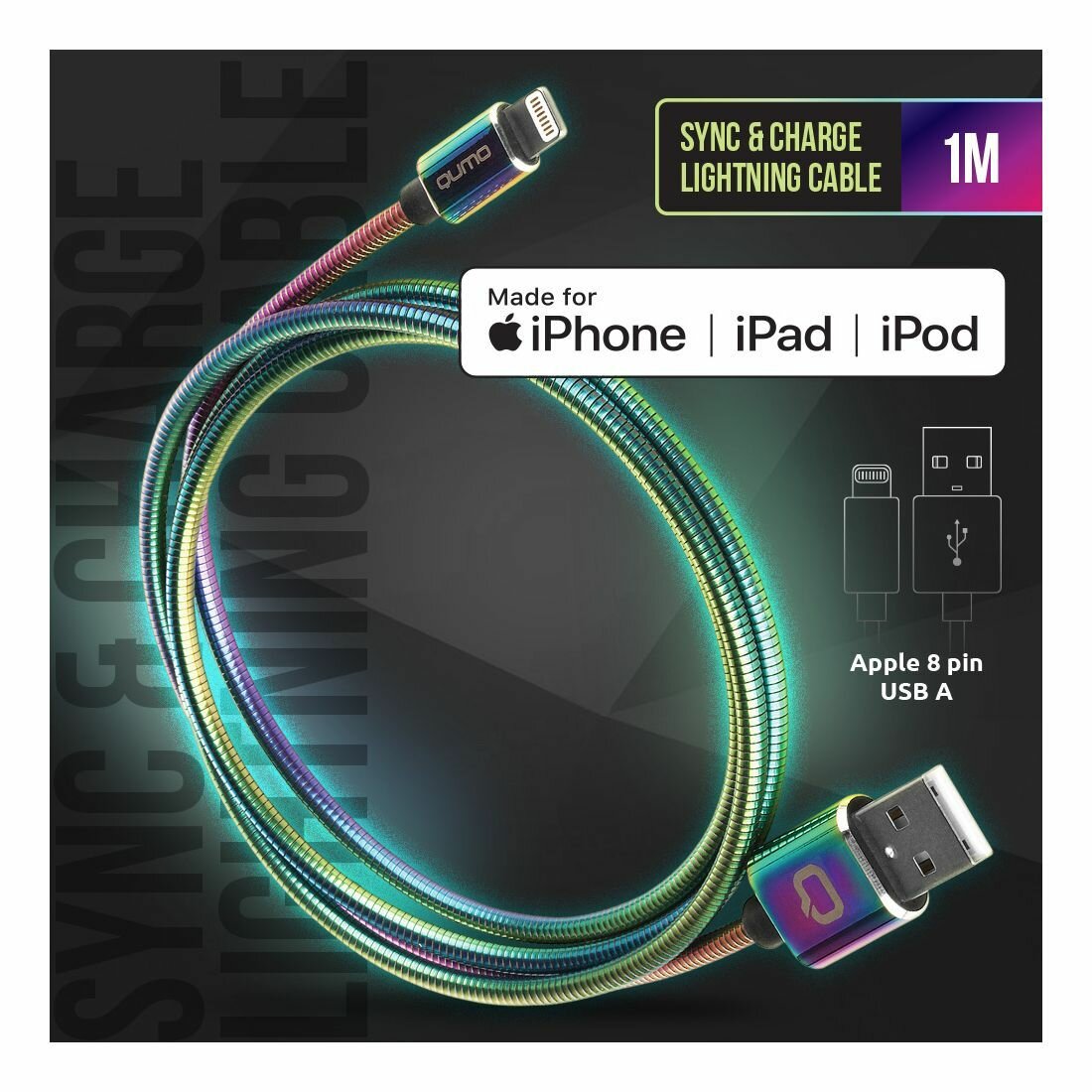 Кабель Qumo для Apple, MFI С48 5В 2,4A металлический , разноцветный 1 метр