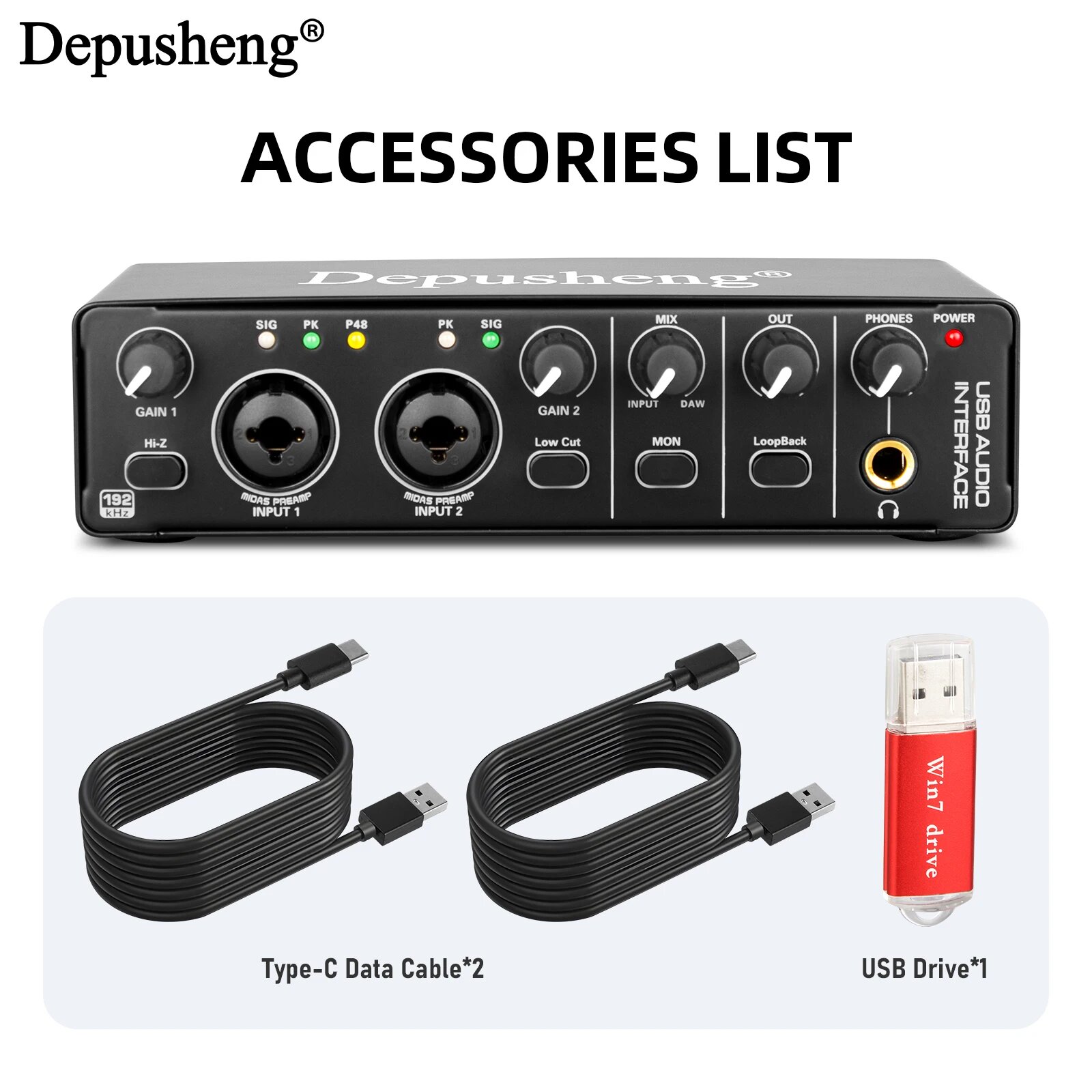 DEPUSHENG Аудиоинтерфейс 2 канала, 48В, MD32 Black