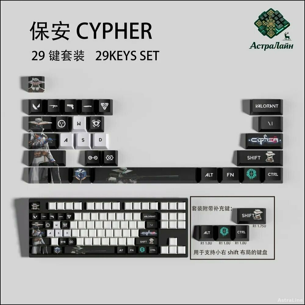 Эксклюзивные PBT кейкапы для Valorant Cypher, 29 клавиш механической клавиатуры