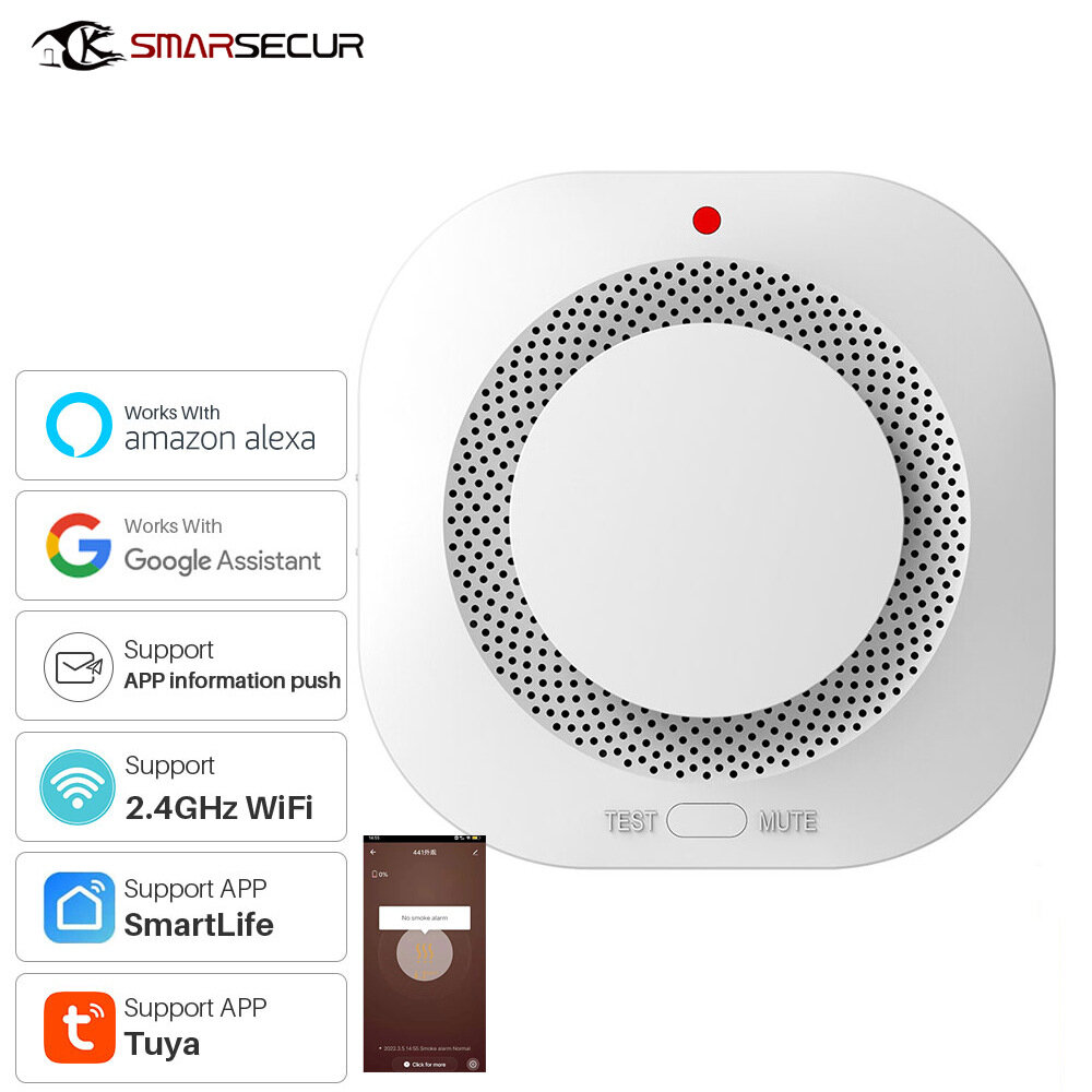 Умный дом Tuya WiFi датчик дыма с звуковым и световым оповещением о пожаре с уведомлениями через мобильное приложение