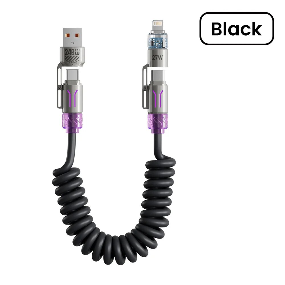 Пружинный кабель 2 в 1 USB-C/Lightning, 27W, Black, 2m
