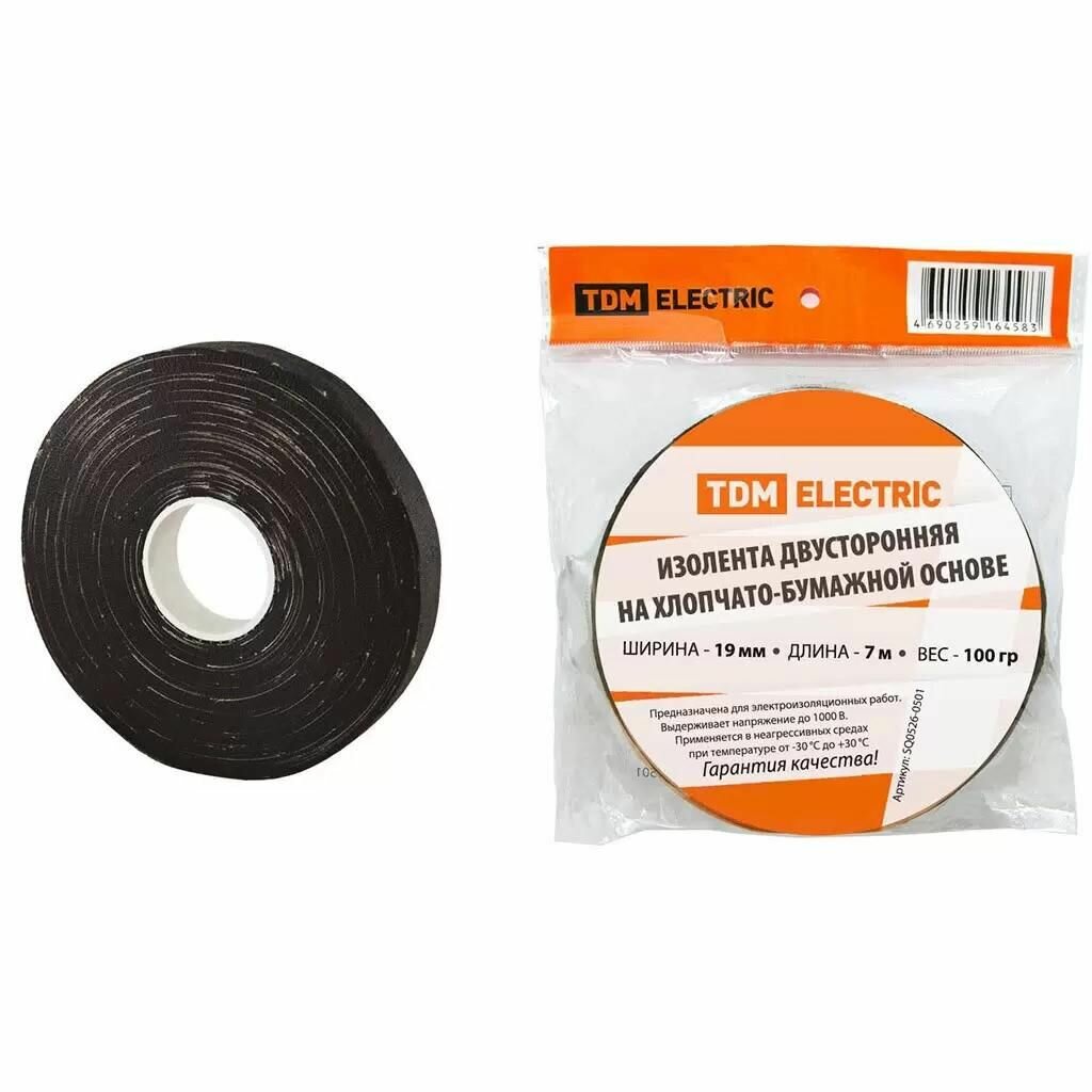 Изолента Tdm electric хлопчатобумажная, 19 мм, 100 г, черная, 7 м, двусторонняя