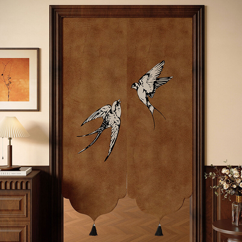 Занавеска для двери в новом китайском стиле, секционная с карнизом, без сверления, с принтом бамбукового птичьего стиля, перегородка