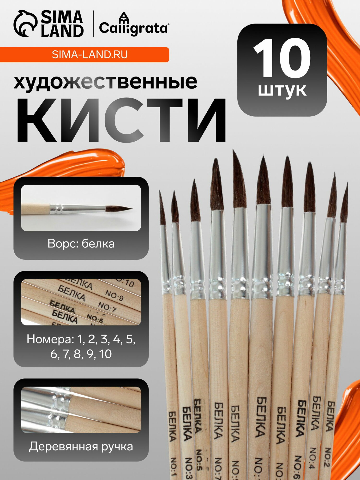 Набор кистей для рисования, белка, 10 штук: № 1, 2, 3, 4, 5, 6, 7, 8, 9, 10, круглые, деревянная ручка, международный размер