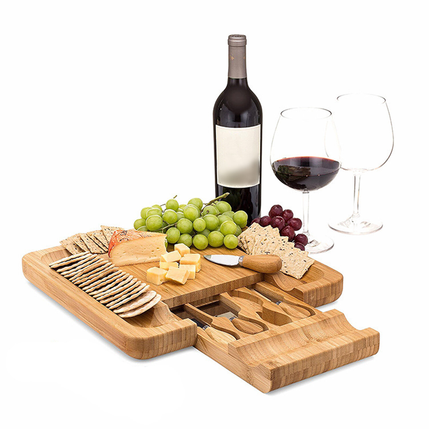 Деревянная подставка для сыра из бамбука с набором столовых приборов, подносом для чаркутерии, мясного блюда, фруктов, крекеров, выдвижным ящиком с 4 ножами из нержавеющей стали, цвет коричневый, материал бамбук и нержавеющая сталь, размер упаковки