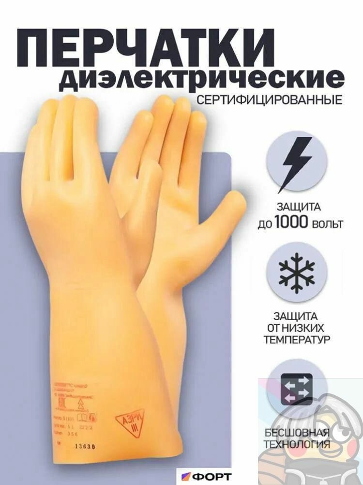 Диэлектрические перчатки, защитные, класс 0, размер 4, резиновые, 1 пара ( 11.2024)66