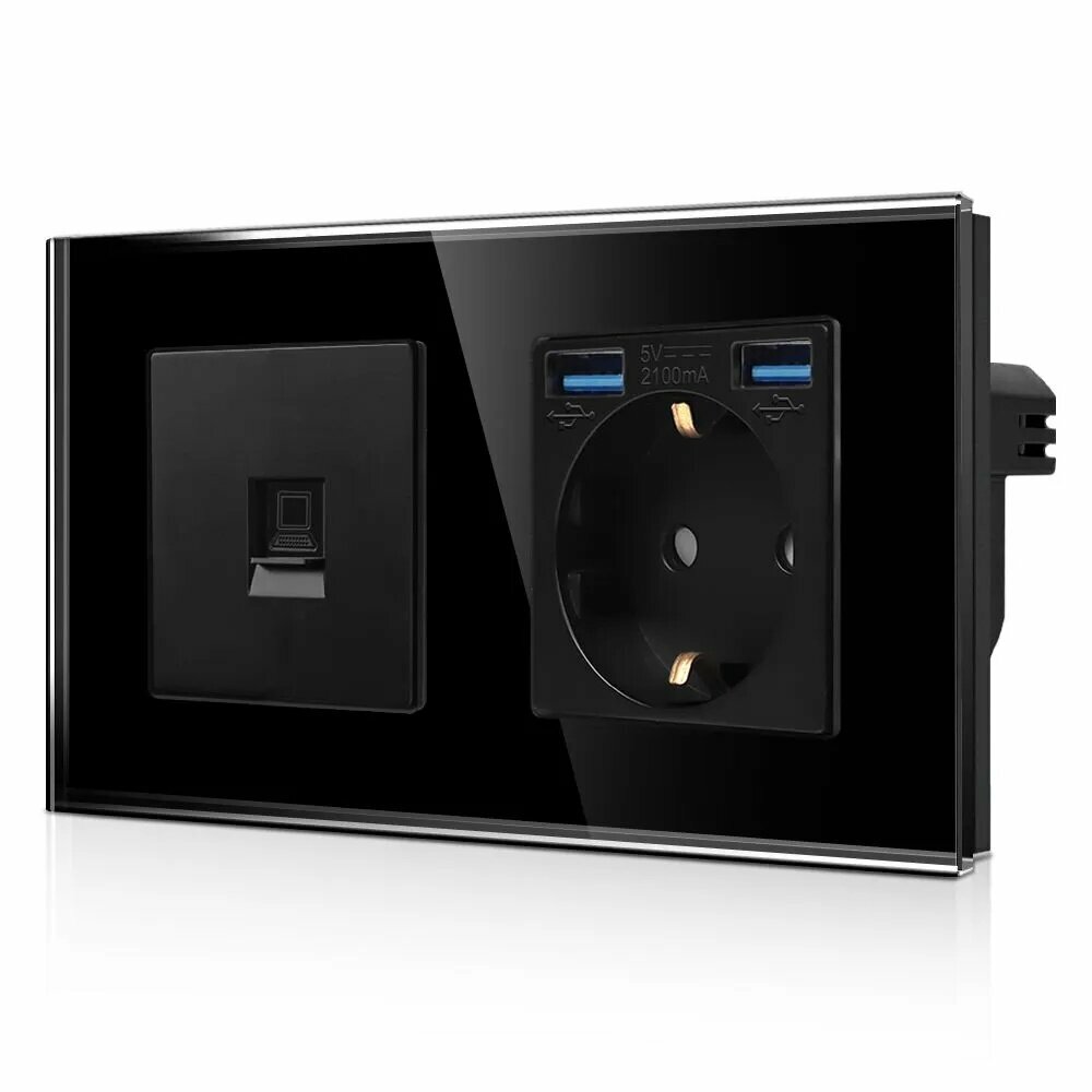 Розетка с USB-портами и интернетом / Rj-45,2 поста, черный Закаленное стекло.