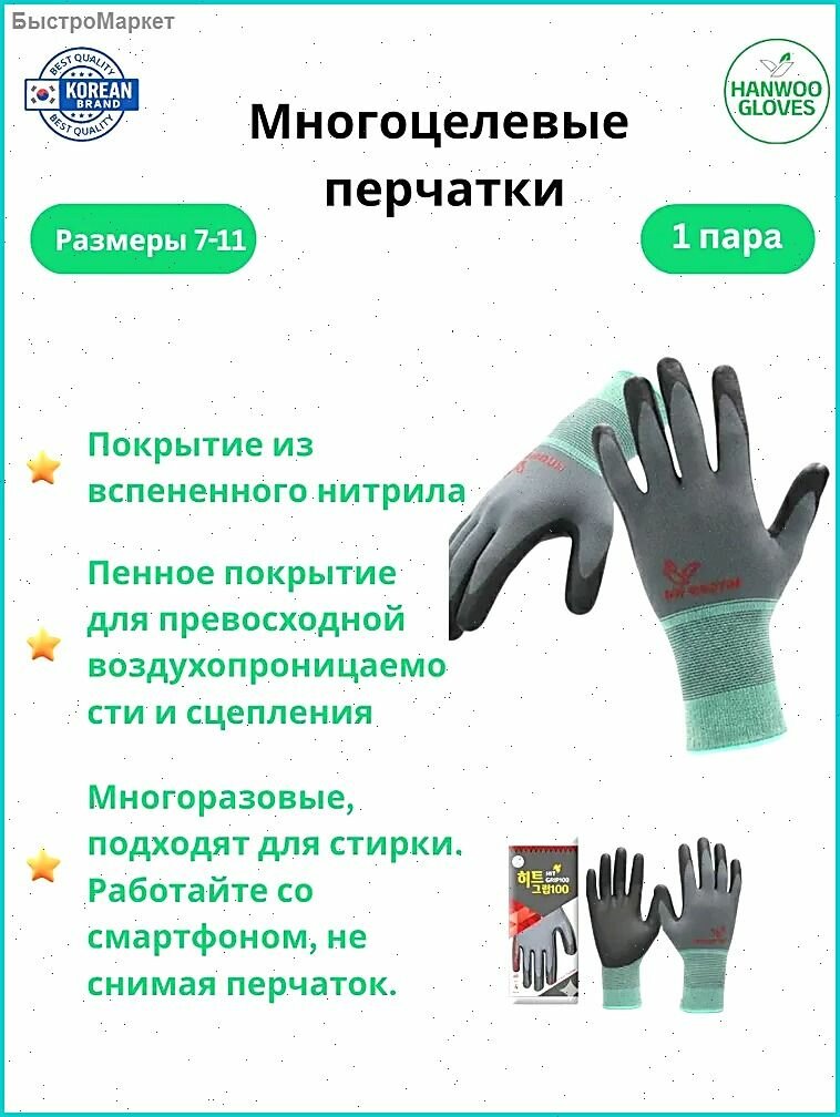 Перчатки рабочие корейские Hanwoo HIT GRIP 100, со вспененным нитриловым покрытием. Стройка / Ремонт / Сад, Перчатки рабочие мужские строительные с обливом, 1 пар, размер 7-11