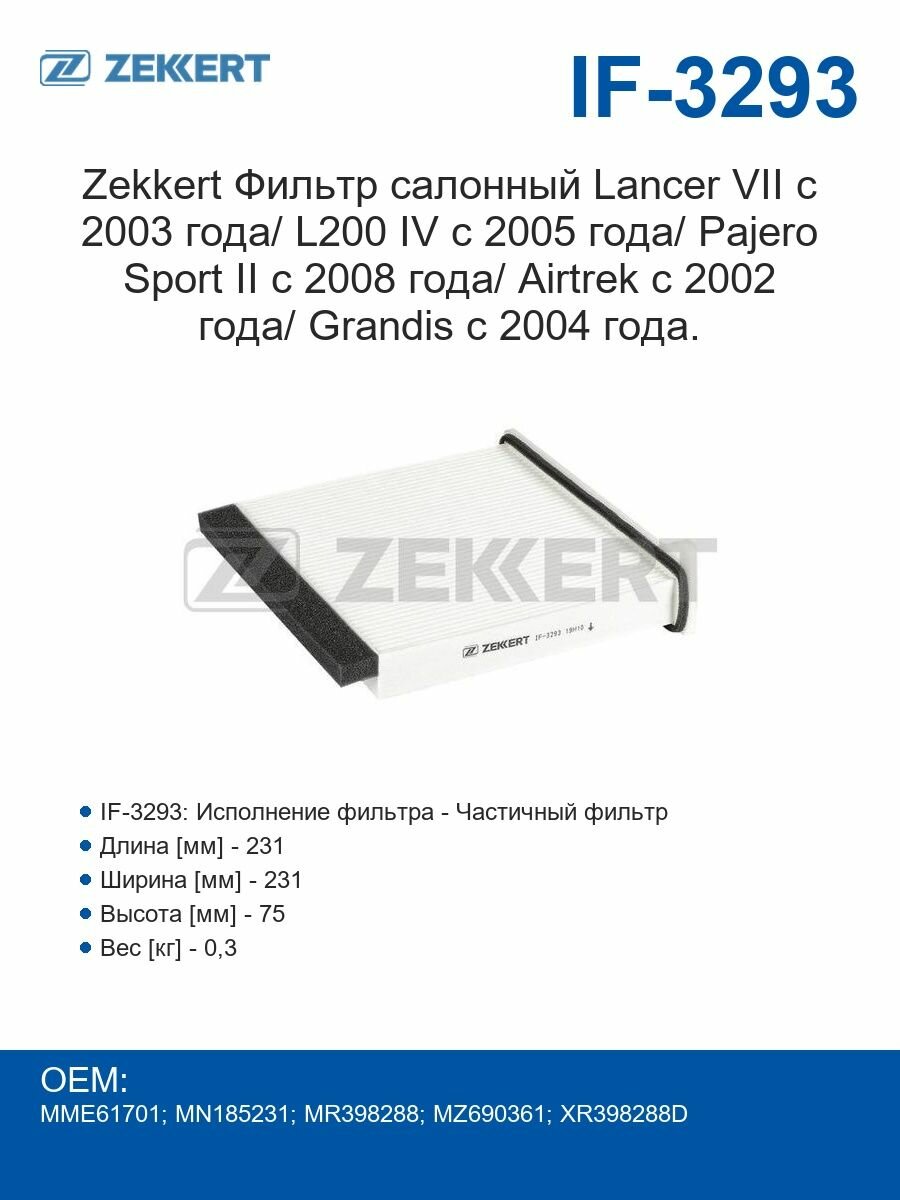 Zekkert Фильтр салонный Lancer VII с 2003 года/ L200 IV с 2005 года/ Pajero Sport II с 2008 года/ Airtrek с 2002 года/ Grandis с 2004 года.