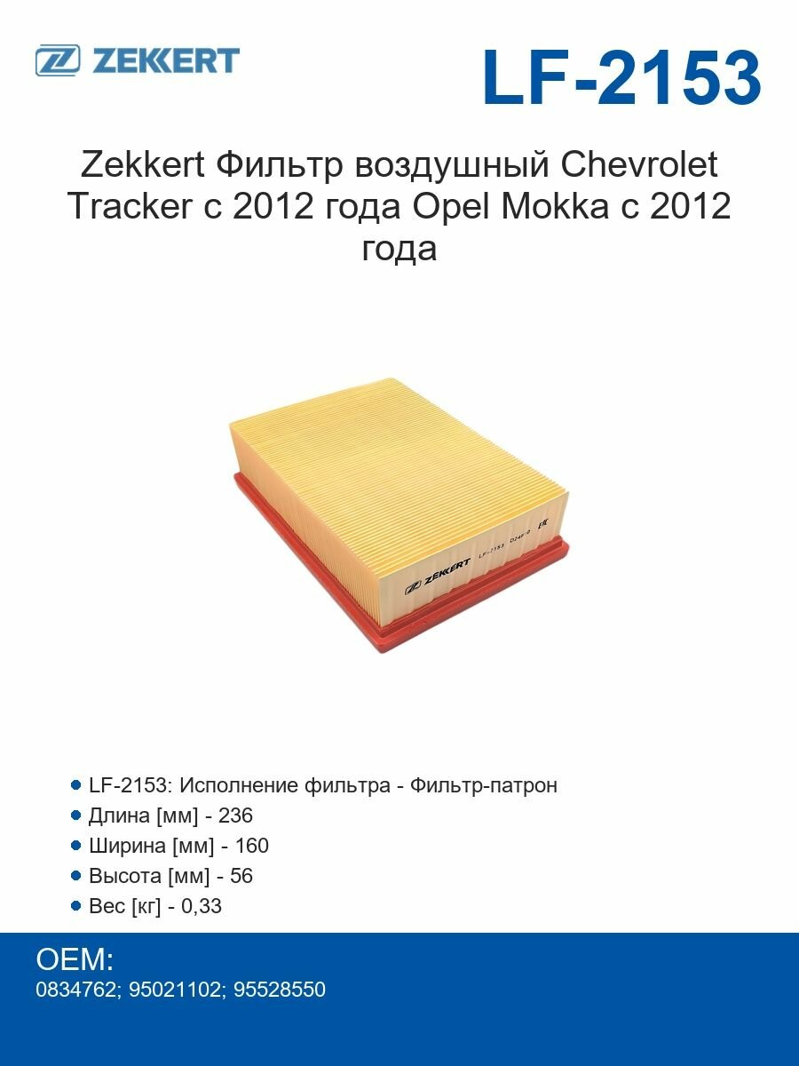 Zekkert Фильтр воздушный Chevrolet Tracker с 2012 года Opel Mokka с 2012 года