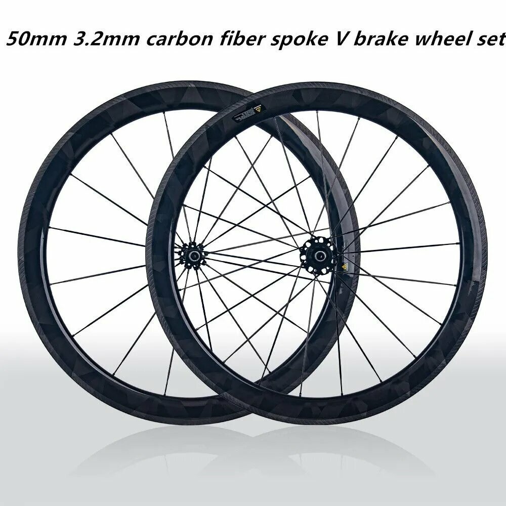 Колеса велосипедные 700C карбоновые 50мм V-Brake, карбоновые спицы 3.2мм, комплект для шоссе (втулка 6 лапок, совместимость с HG 8-12 скоростей)