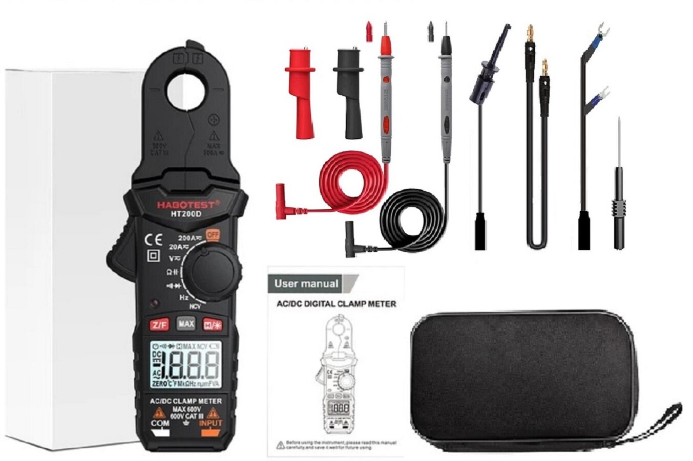 Клещи токовые профессиональные HABOTEST HT200D SILICONE VERSION True RMS до 200 А. Гарантия 2 года. 18 функций.