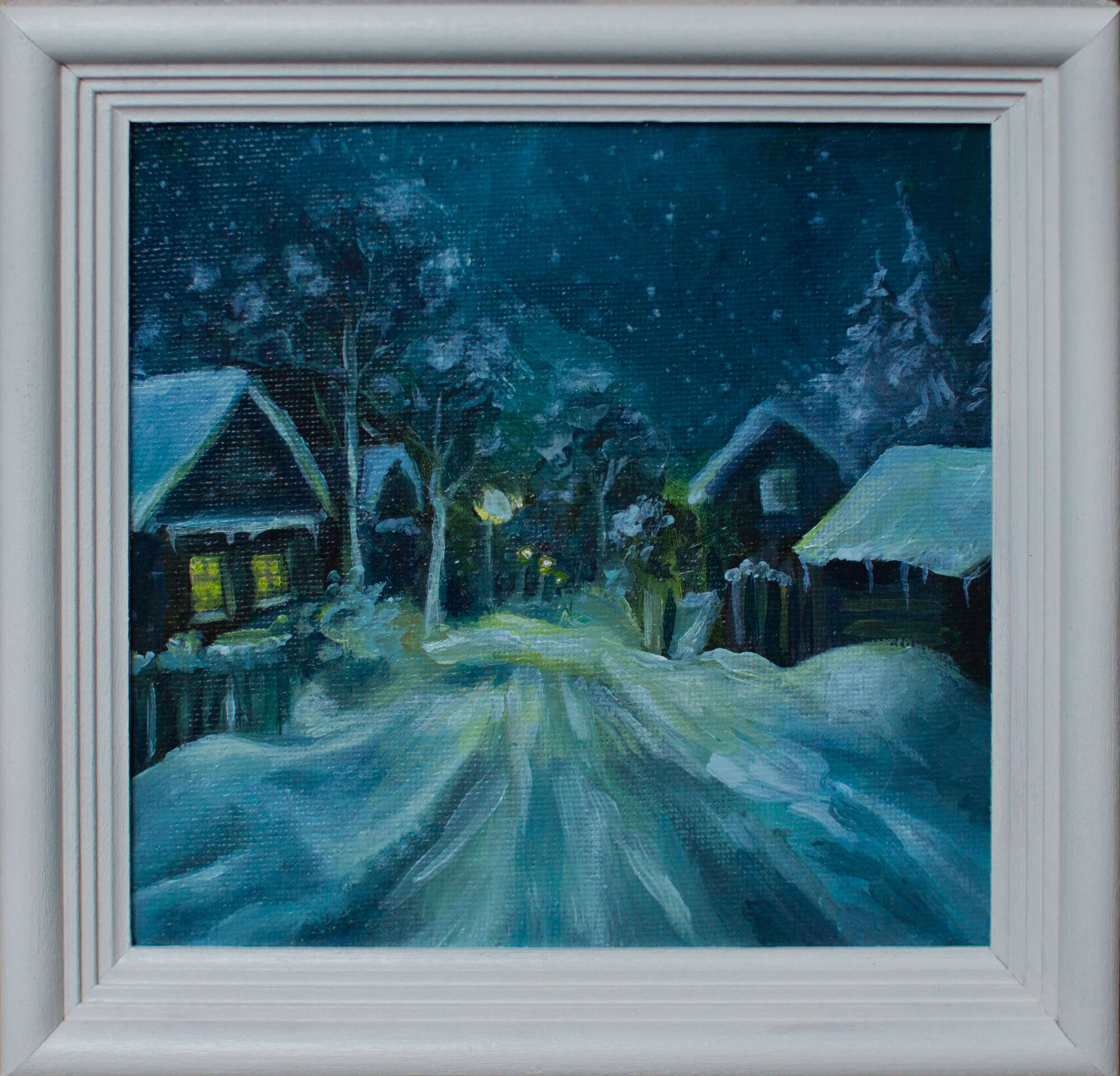 Зимняя деревенька, Картина маслом, в раме