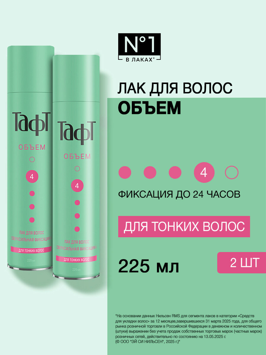 Тафт Лак для волос Объем, сверхсильная фиксация, 225 мл, 2 шт (набор)
