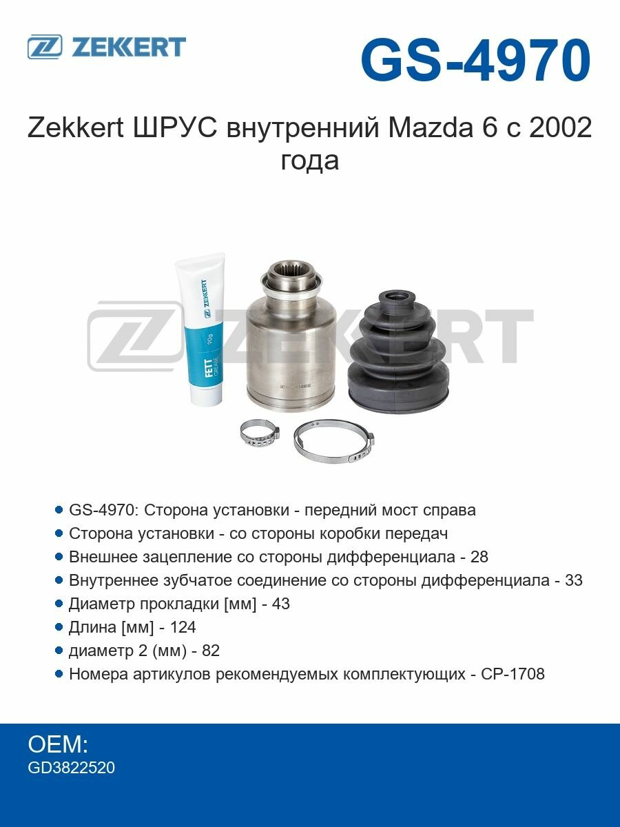Zekkert ШРУС внутренний Mazda 6 с 2002 года