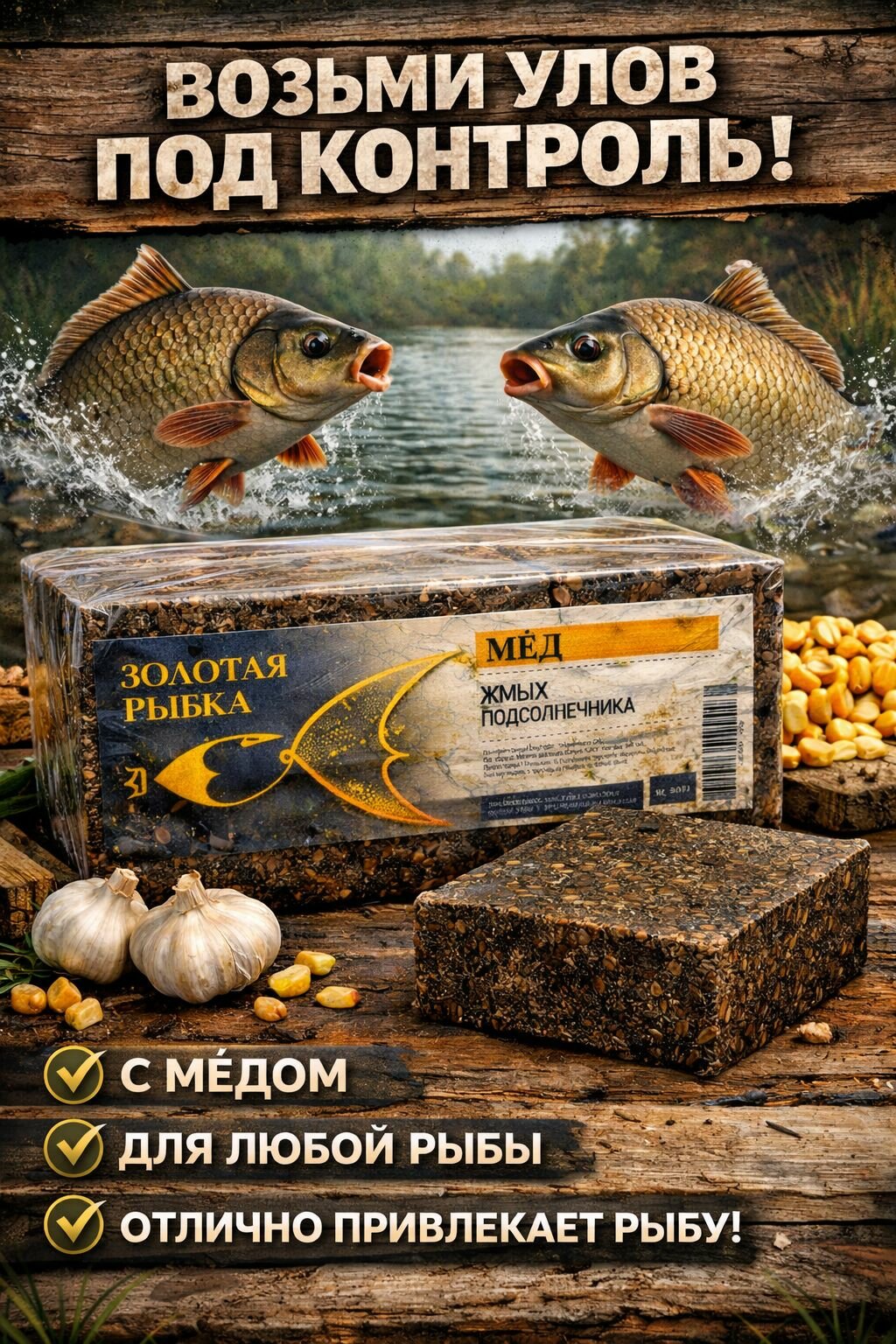 Жмых подсолнечника с отверстиями для крючка "Мёд" 10 кубиков / Золотая рыбка, прикормка для рыбалки на макушатник, брикет для карпа и карася