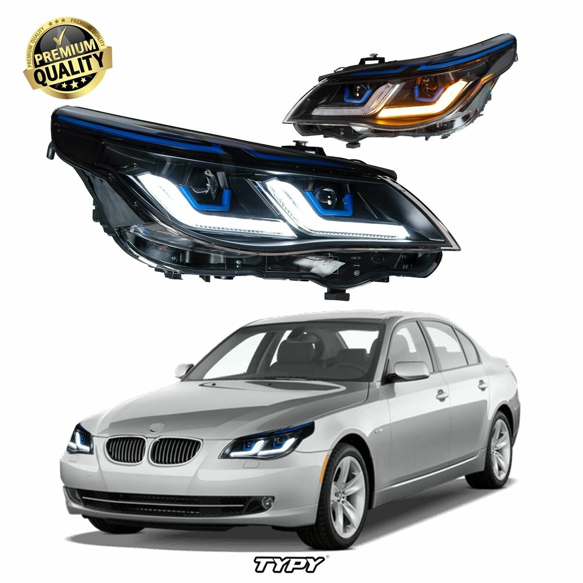 Светодиодные передние фары для BMW 5 серии E60/E61 2005-2010 в сборе, пара, LED DRL и последовательные поворотники