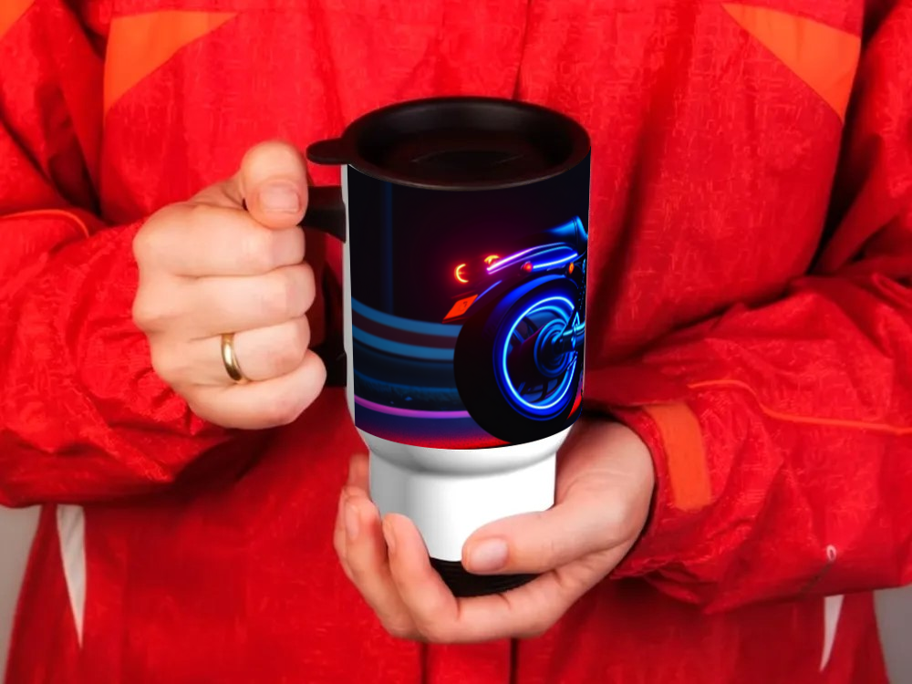 Тремокружка для авто с принтом "Мотоцикл ночью с неоновыми огнями" 0.5 л.