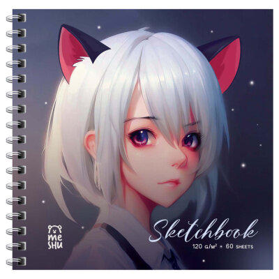 Скетчбук 60л, 150*150 MESHU "Neko", на гребне, выб. лак, soft-touch, 120г/м2
