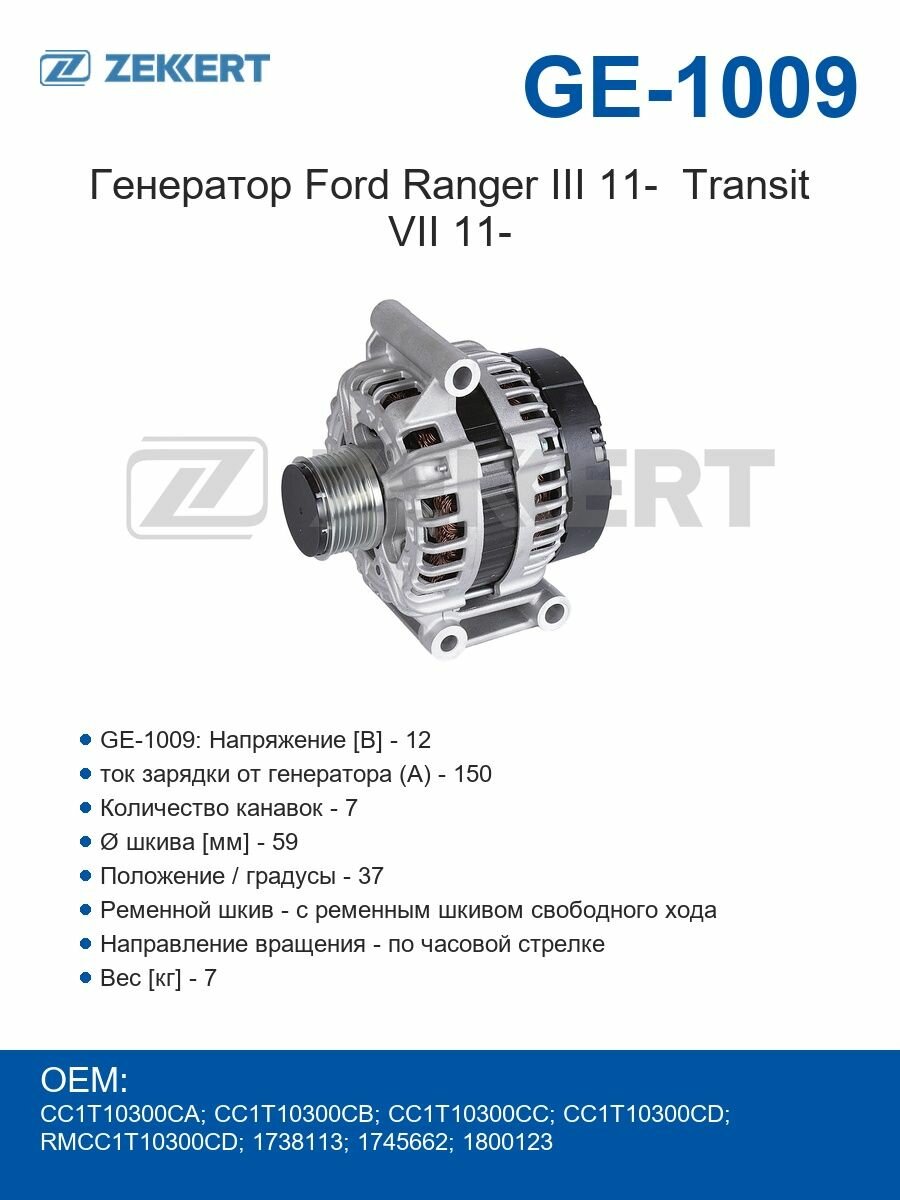 Генератор Ford Ranger III с 2011 года, Transit VII с 2011 года