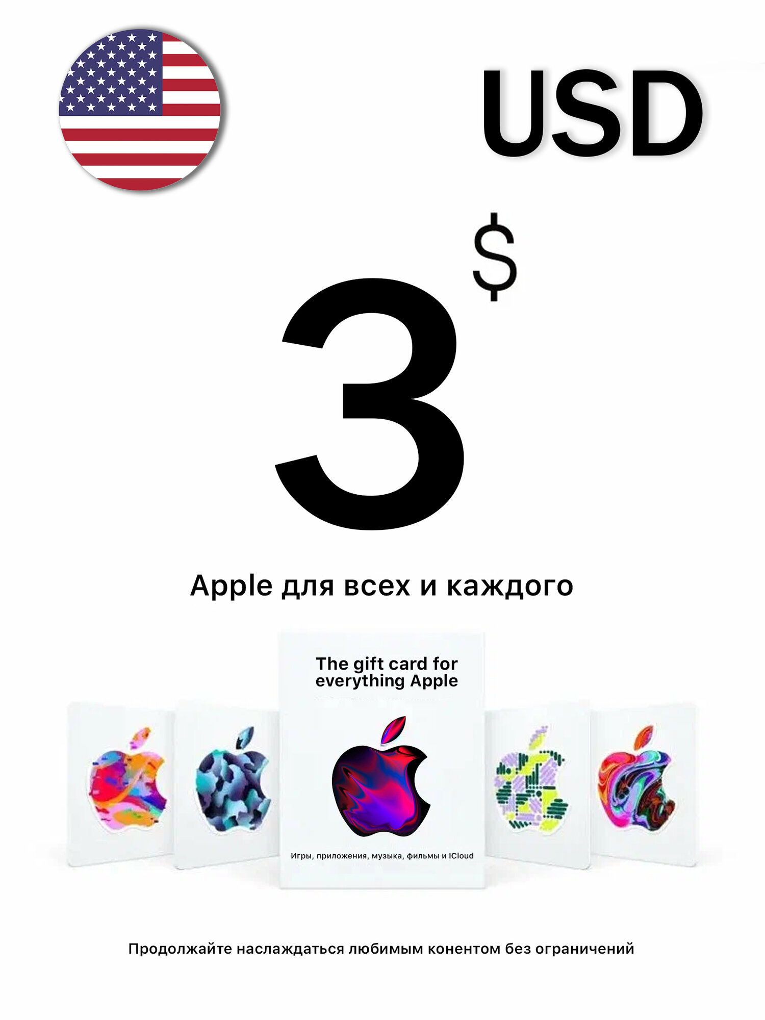 Подарочная карта Apple / Карта оплаты Apple (Пополнение счёта App Store и iTunes) на 3 доллара