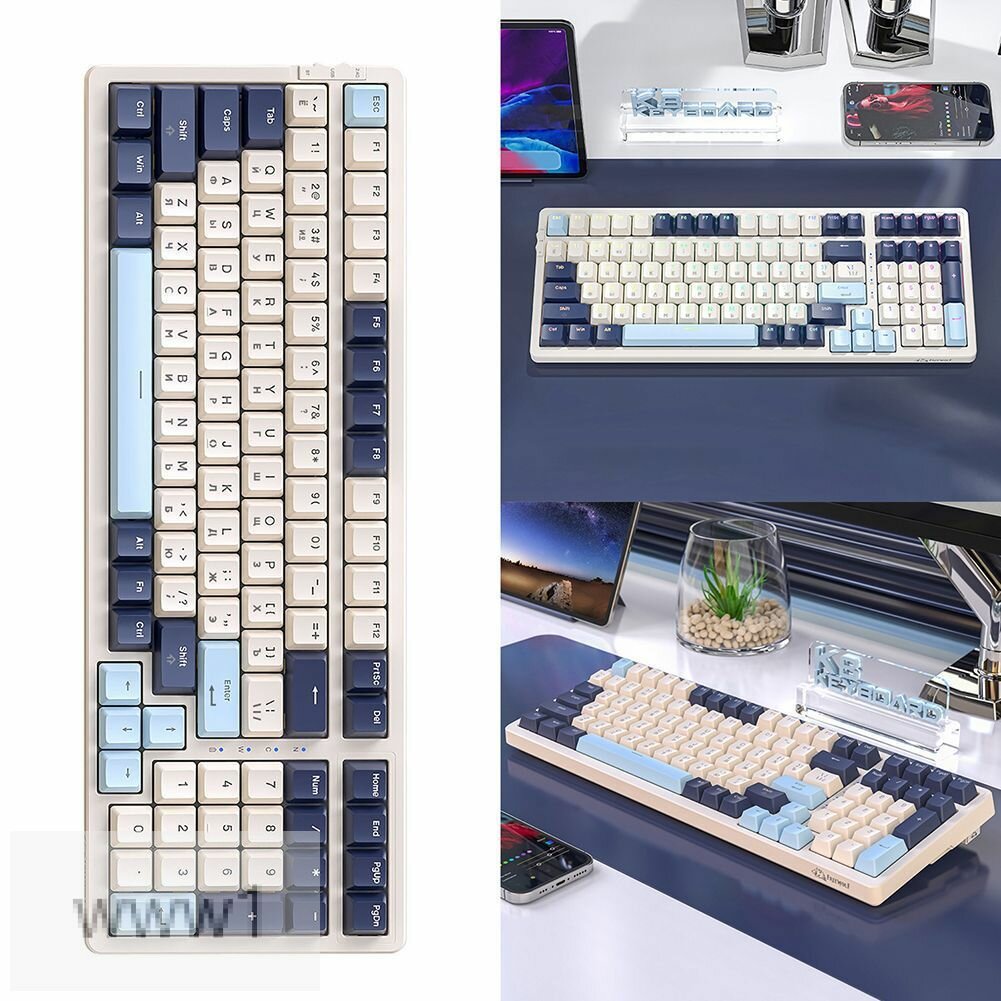 Клавиатура Механическая клавиатура, три режима подключения (Bluetooth/2.4G/проводное), 100 клавиш, 18 световых эффектов, белый, синий