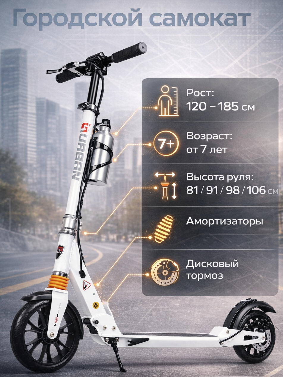 Складной городской самокат Scooter Disk Brake с дисковым тормозом, двумя амортизаторами и бутылкой для воды Белый
