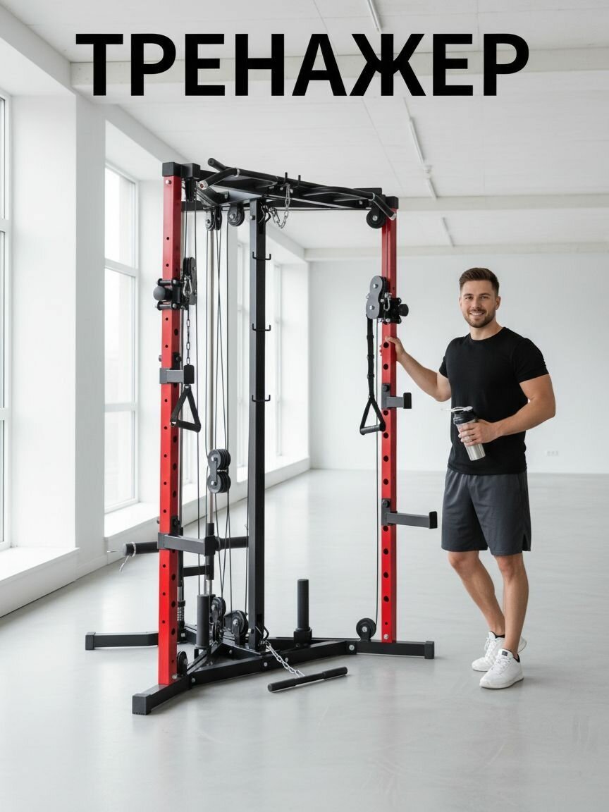 Кроссовер тренажер с верхним и нижним блоком, силовая рама с хранением для дисков напольная