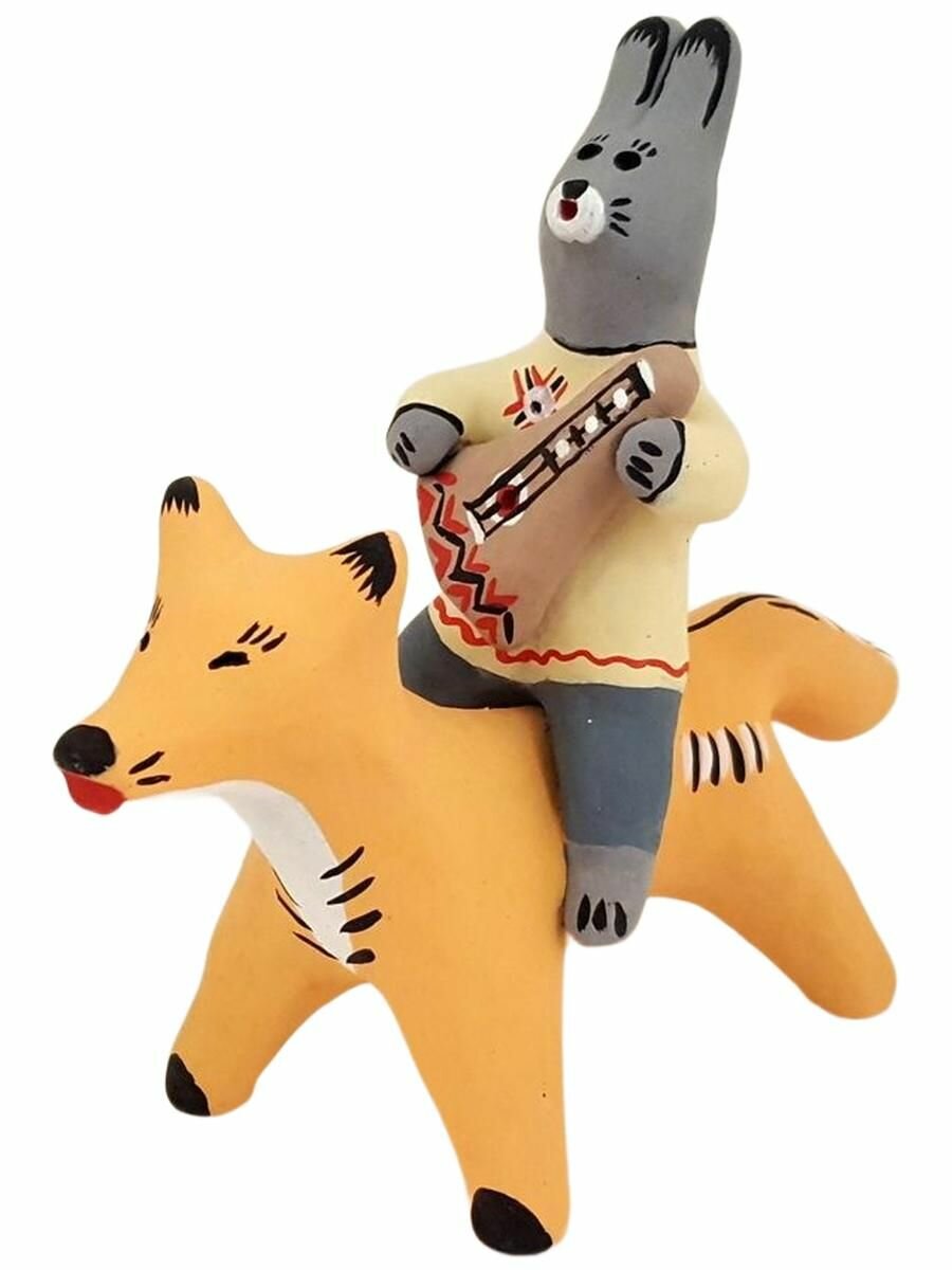 Заяц на лисе, Каргопольская глиняная игрушка, ручная авторская работа