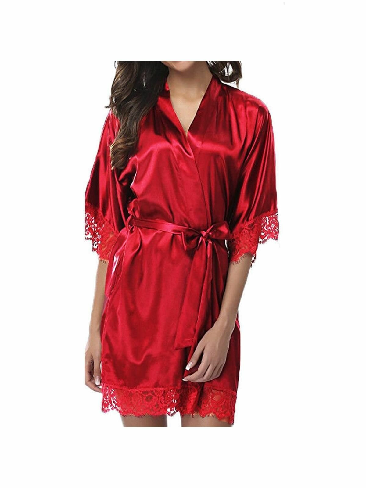 Женский халат с кружевной отделкой, красный - XXXL