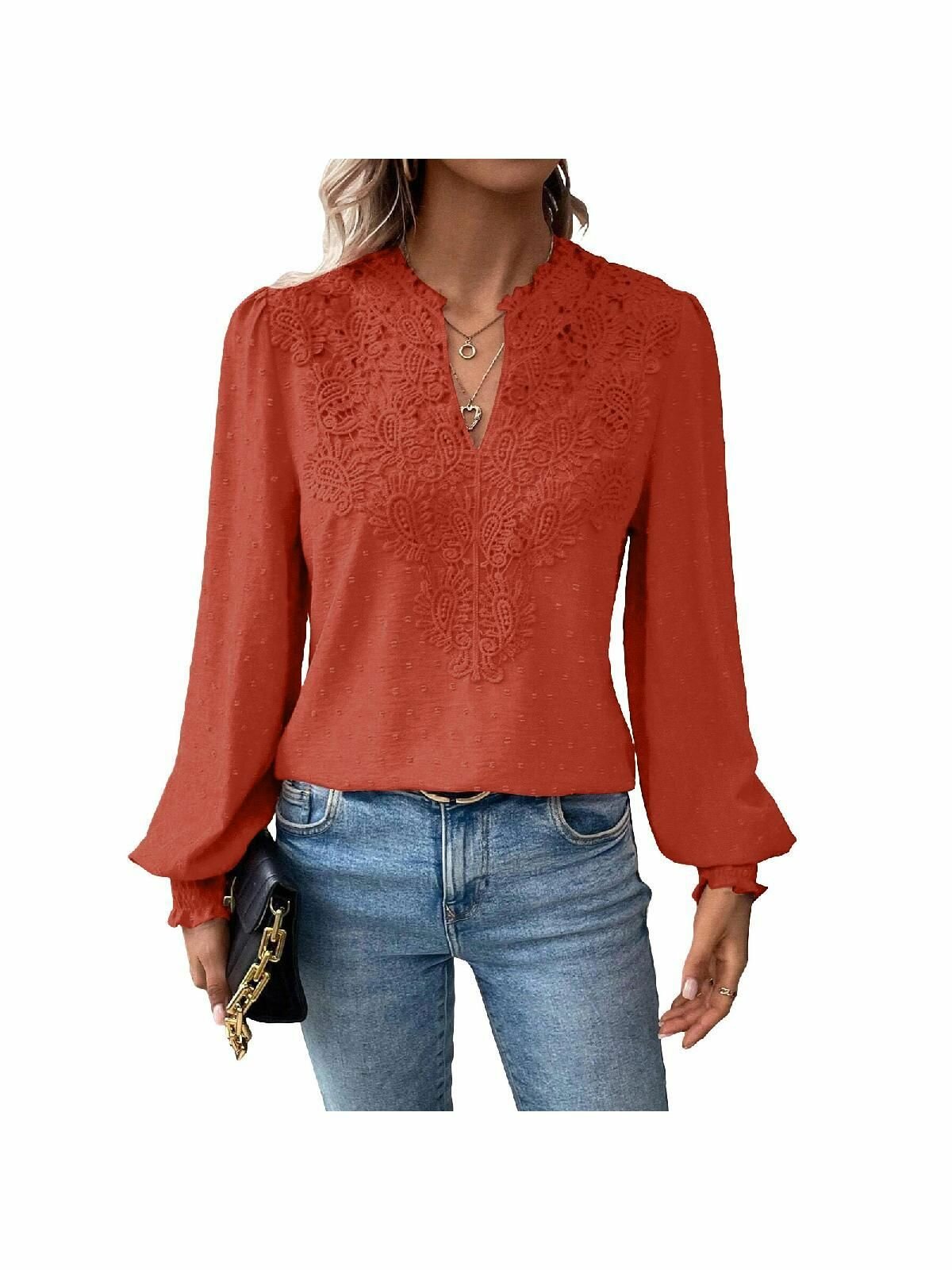 Женская блузка с V-образным вырезом и длинными рукавами, красный - S