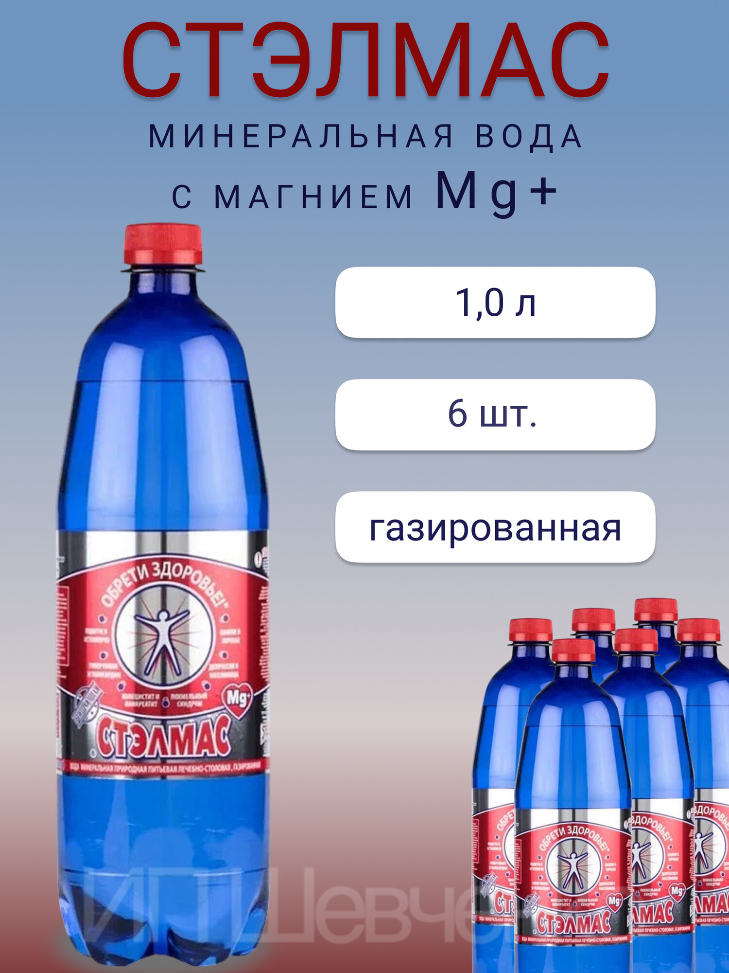 Вода минеральная STELMAS Mg+ (Стэлмас Магний) 1,0 л х 6 бутылок, газированная, пэт