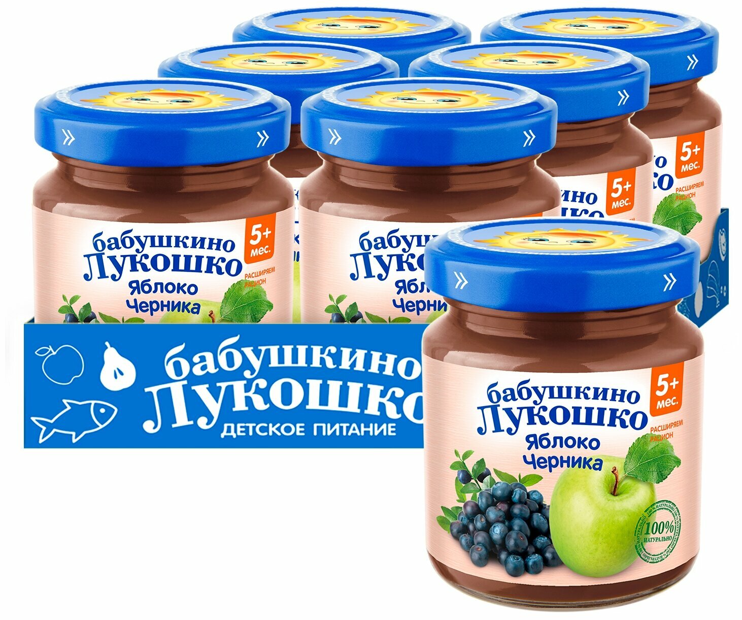 Бабушкино Лукошко яблоко-черника, с 5 месяцев, стеклянная банка, 100 г, 6 шт.