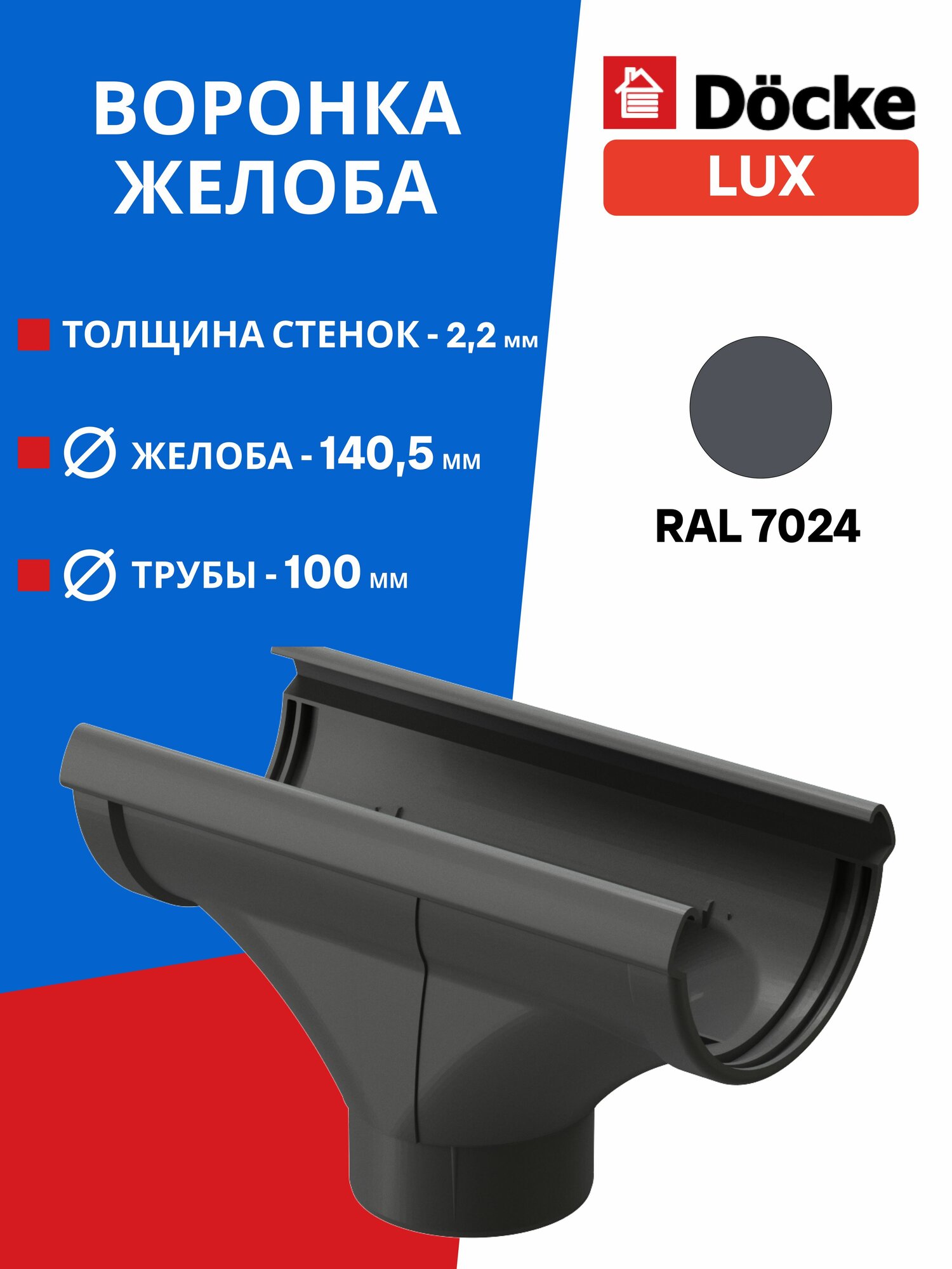 Воронка желоба пластиковая Docke Lux 140/100 мм графит