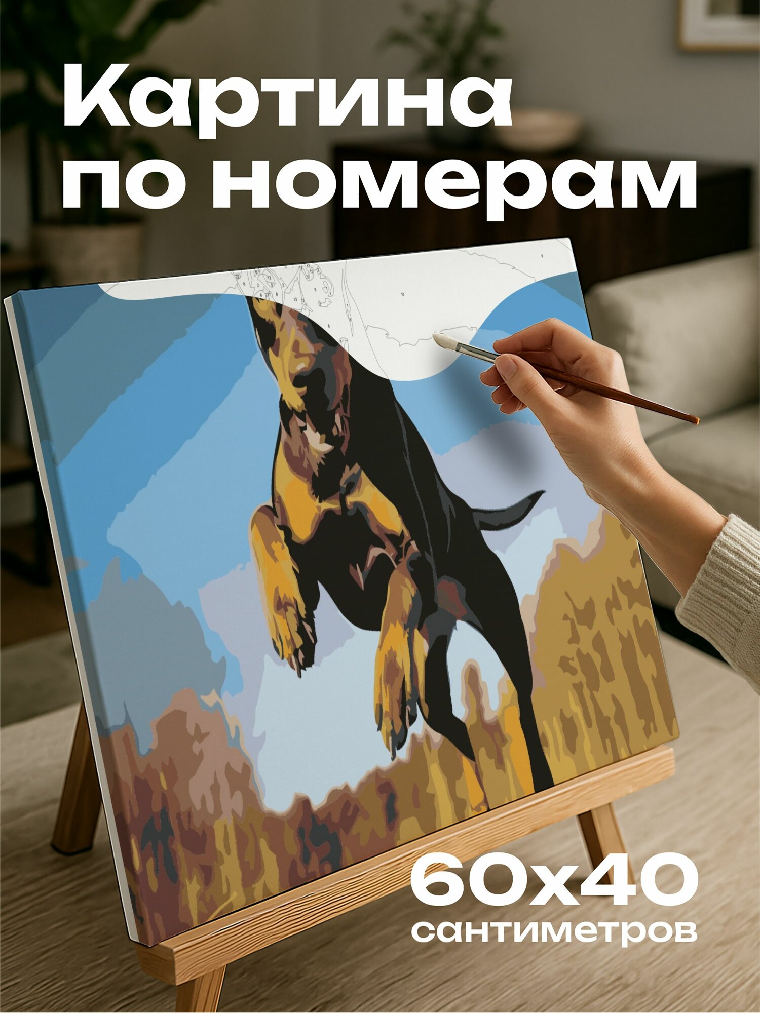 Картина по номерам 60x40 см, доберман-пинчер, элегантность, мощь, прыжок, охота, тело, черты лица, освещение