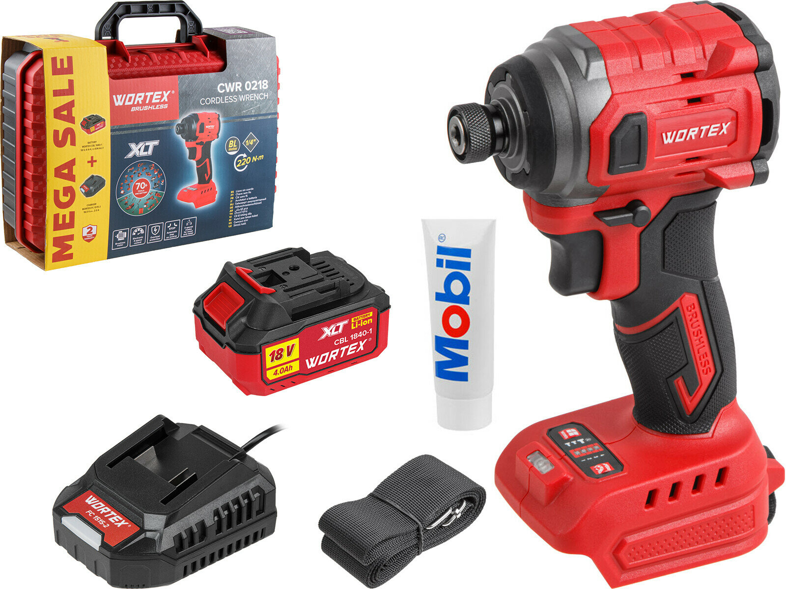Винтоверт аккумуляторный ударный WORTEX CWR 0218 XLT, с 1 АКБ и ЗУ, в кейсе, бесщеточный