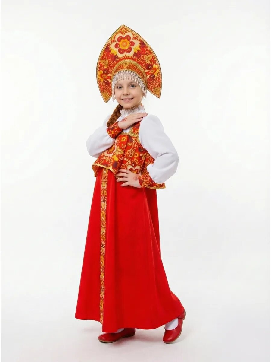 Русское народное платье Царевна костюм на Масленицу, красный, L (128-134 см)