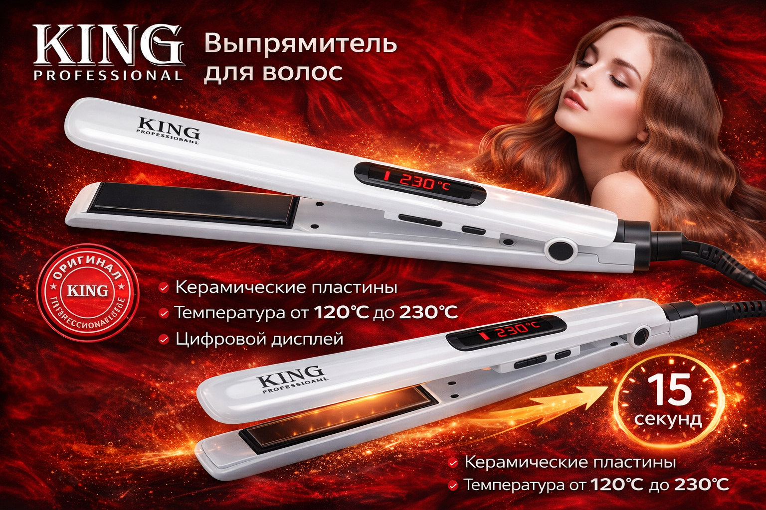 Профессиональный выпрямитель для волос KING KP-3015 с цифровым дисплеем и керамическими пластинами