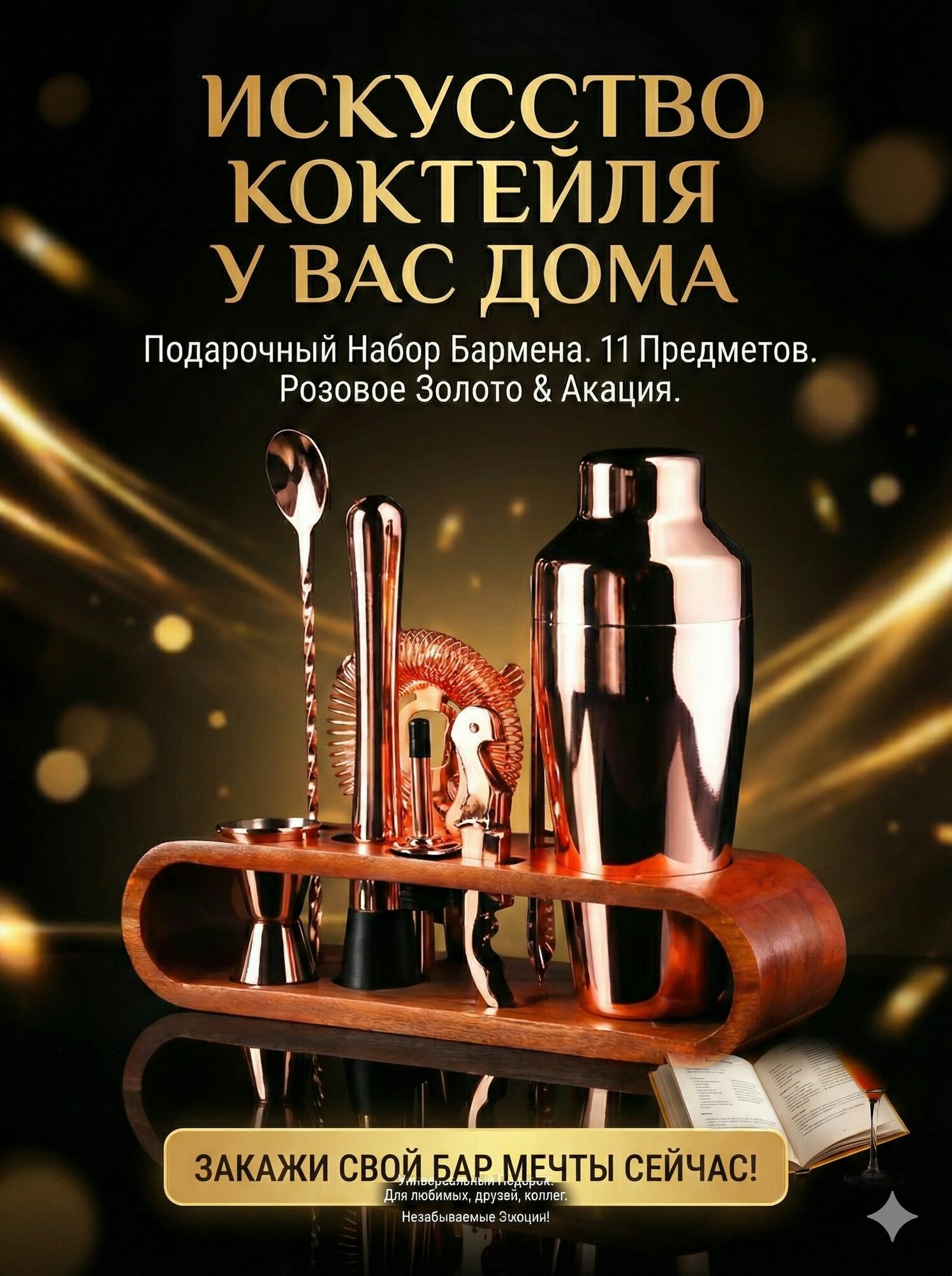 Подарочный набор бармена для приготовления коктейлей 11 предметов, Красное золото, изготовлен из нержавеющей стали, подставка из акации. Идеальный подарок! Высокое качество. Эксклюзивный и необычный!