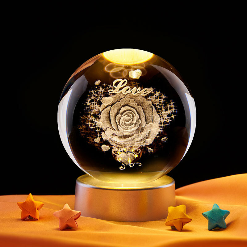 Светящийся кристальный шар с розой и надписью "Счастья" – ночник для торта на день рождения, подарок для мальчиков, девочек и лучших друзей.