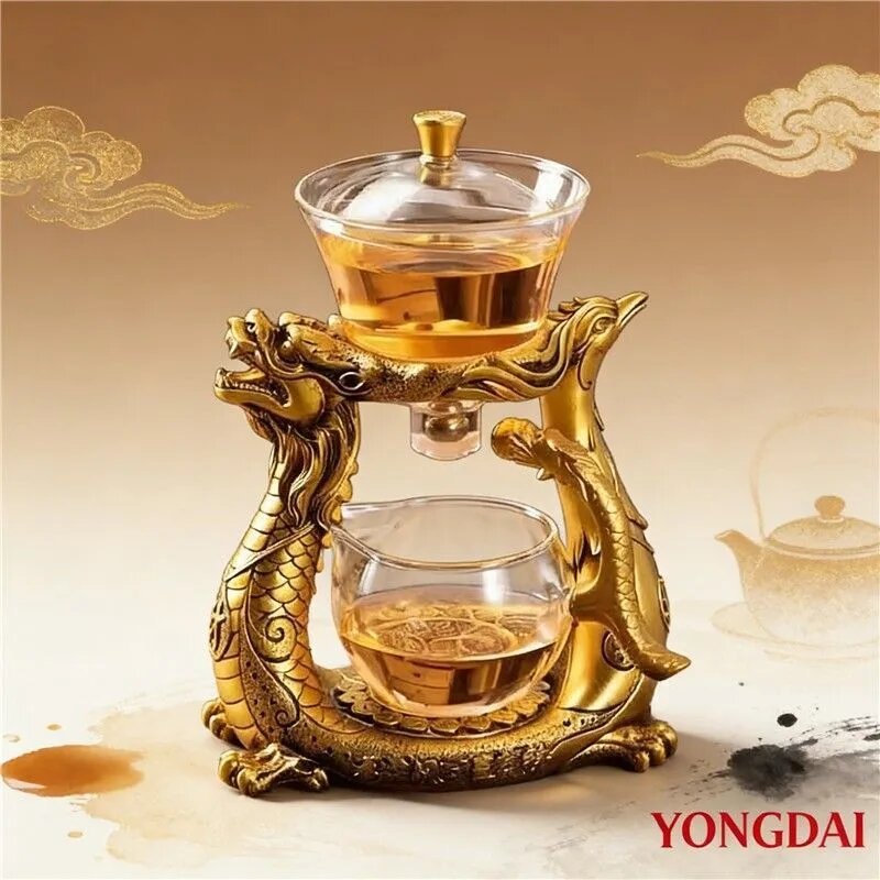 Чайный сервиз Lucky Dragon и Phoenix Glass Золотой с подставкой в виде дракона и феникса для заварки чая