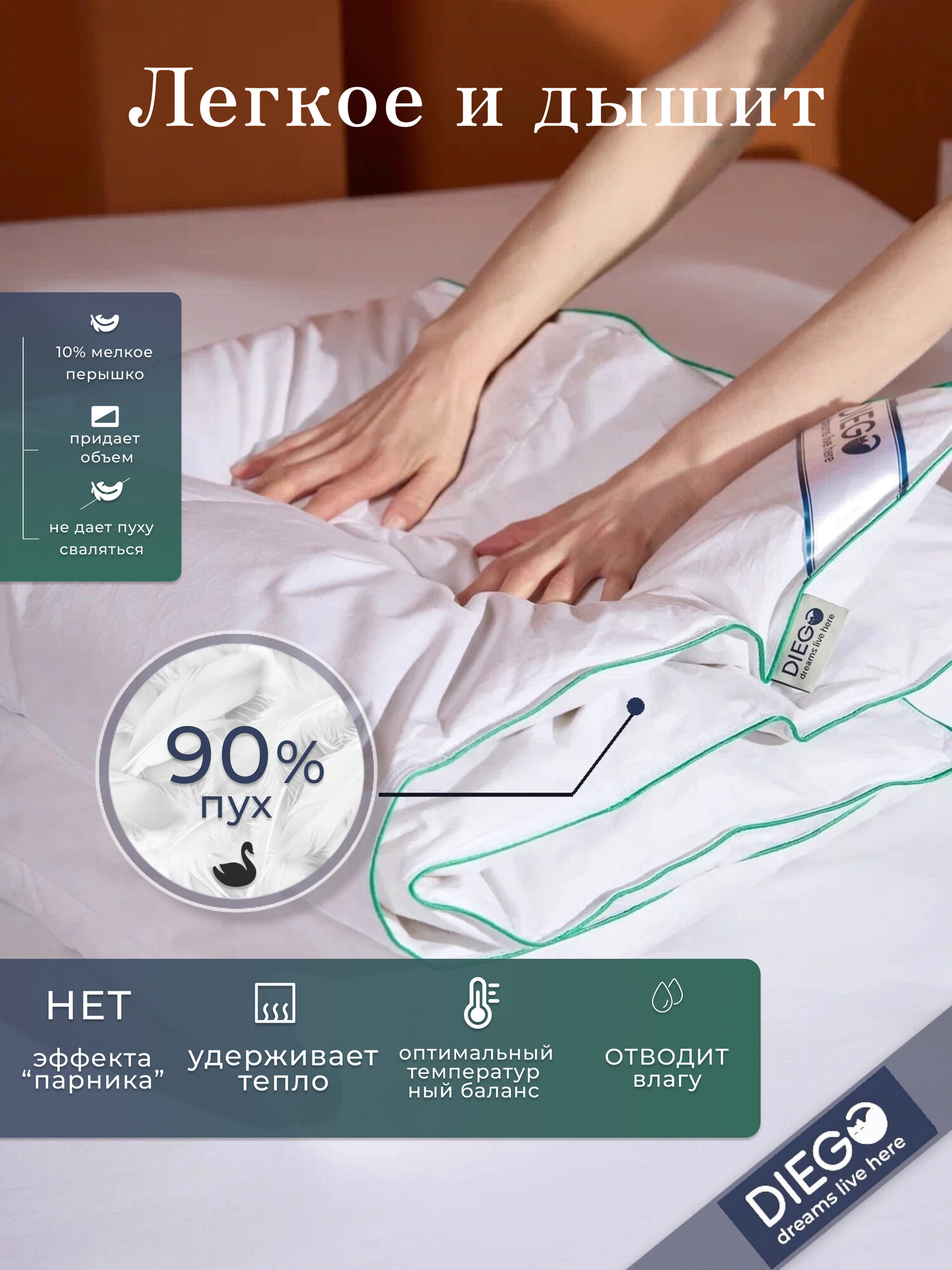 Одеяло евро 200х220 всесезонное летнее легкое гусиный пух чехол хлопок натуральное Diego Летний сон