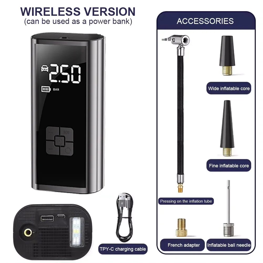Портативный Беспроводной/проводной Автомобильный Компрессор Для Xiaomi, 8000 мАч, 12 В Black-1Set
