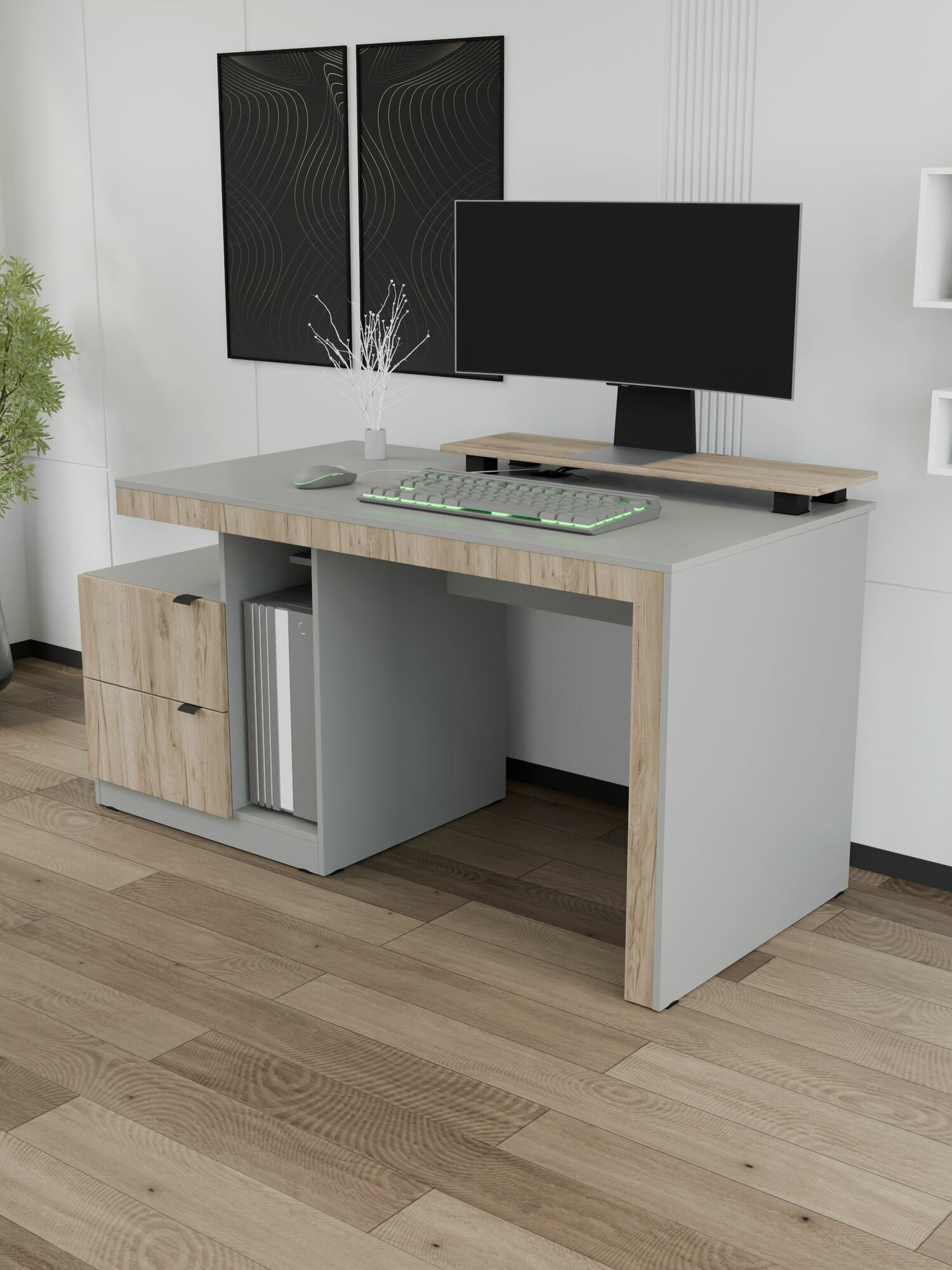 Изумлит Стол компьютерный для офиса и дома Вертикаль Лайт 162х80х74.5 см, тумба слева, шиншилла серая - дуб крафт серый