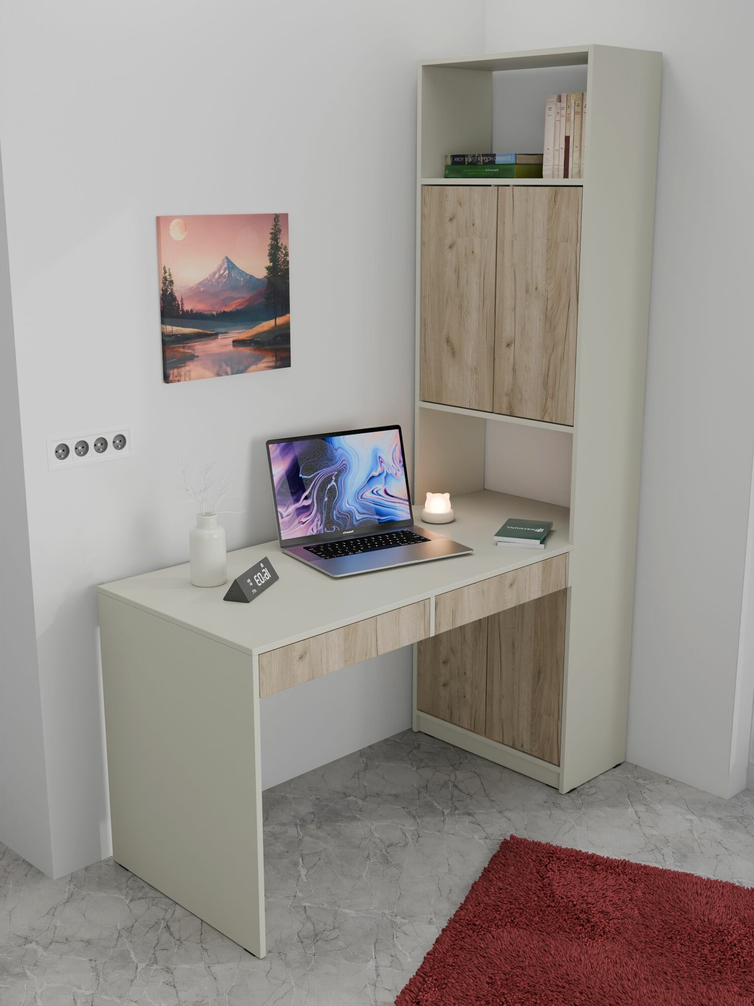 Изумлит Стол-стеллаж с дверьми письменный угловой, стеллаж справа 200х140х59.2 см, бежевый - дуб крафт серый