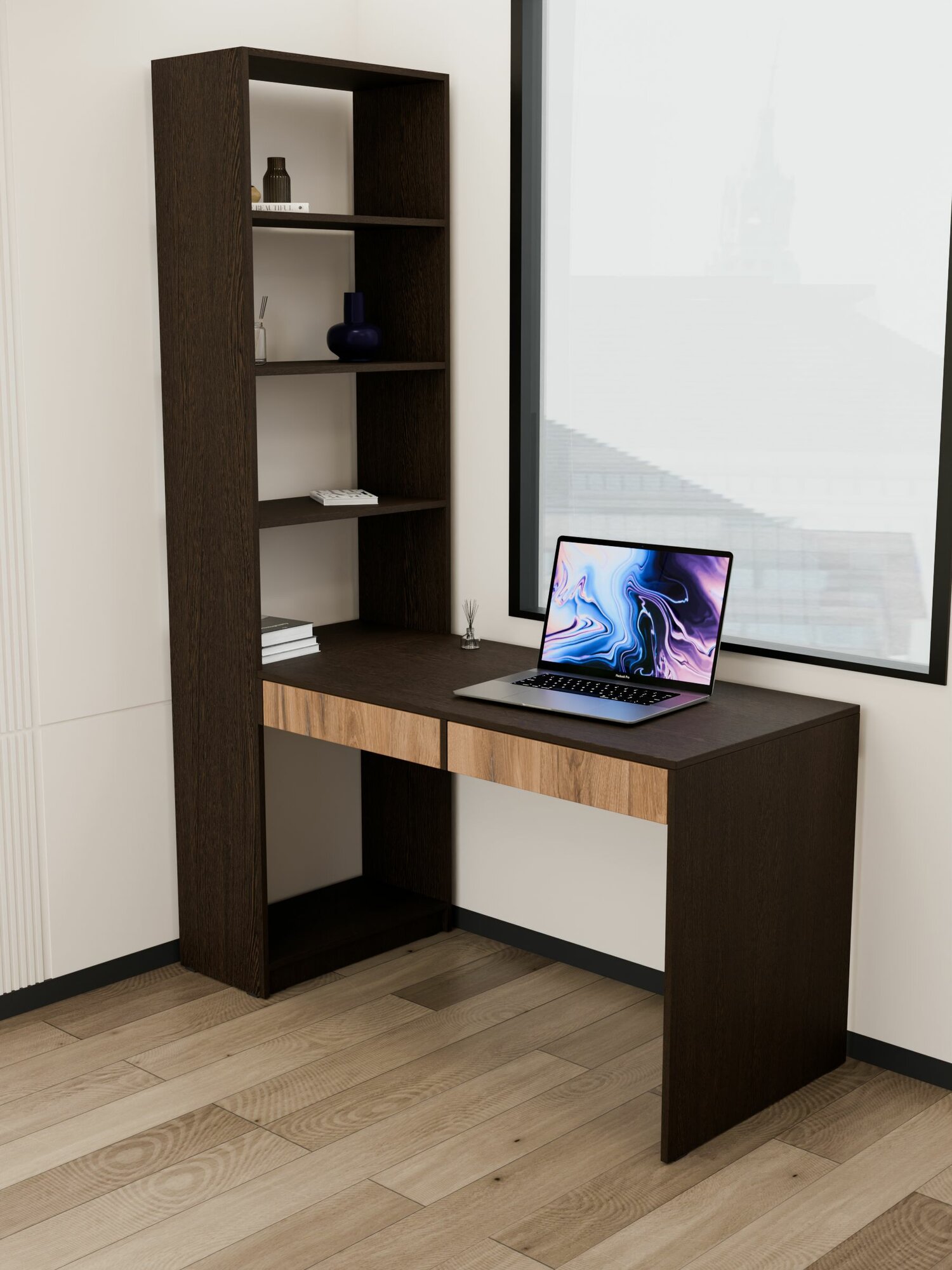 Изумлит Стол-стеллаж письменный угловой для учебы и работы Джокер, стеллаж слева 200х59.2х140 см, венге-дуб крафт табачный