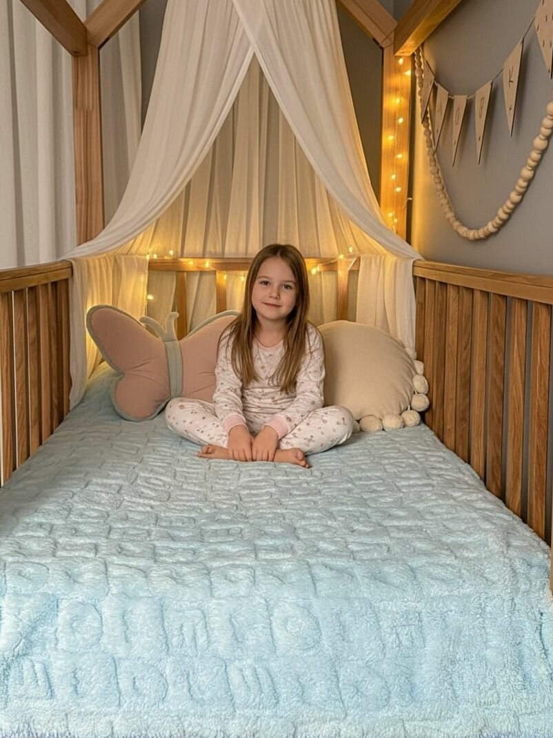 Плед "Love", 150x200см, плюшевый, голубой, с сердечками, детский