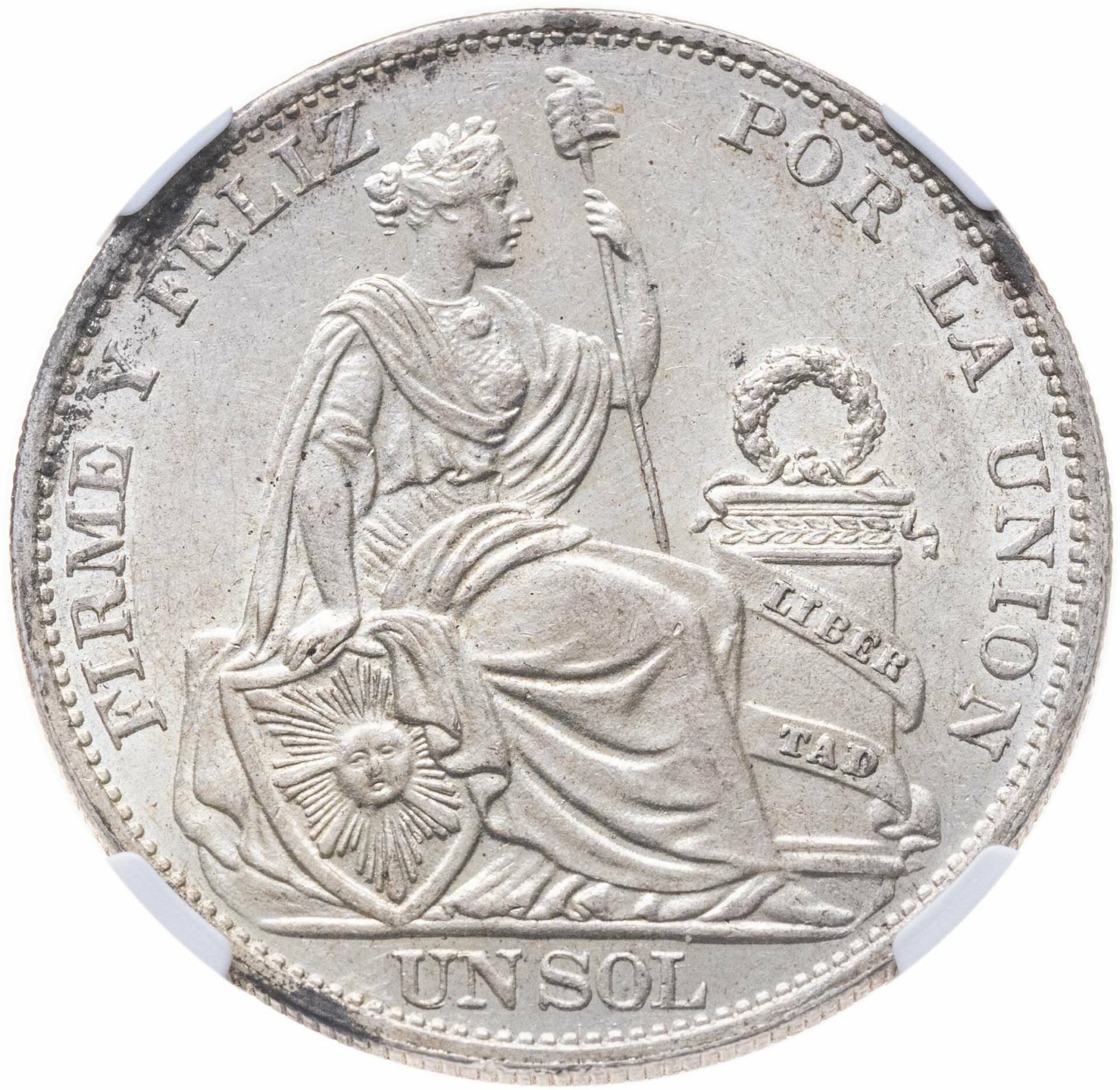 Перу 1 соль 1916 в слабе NGC MS62, Серебро 900