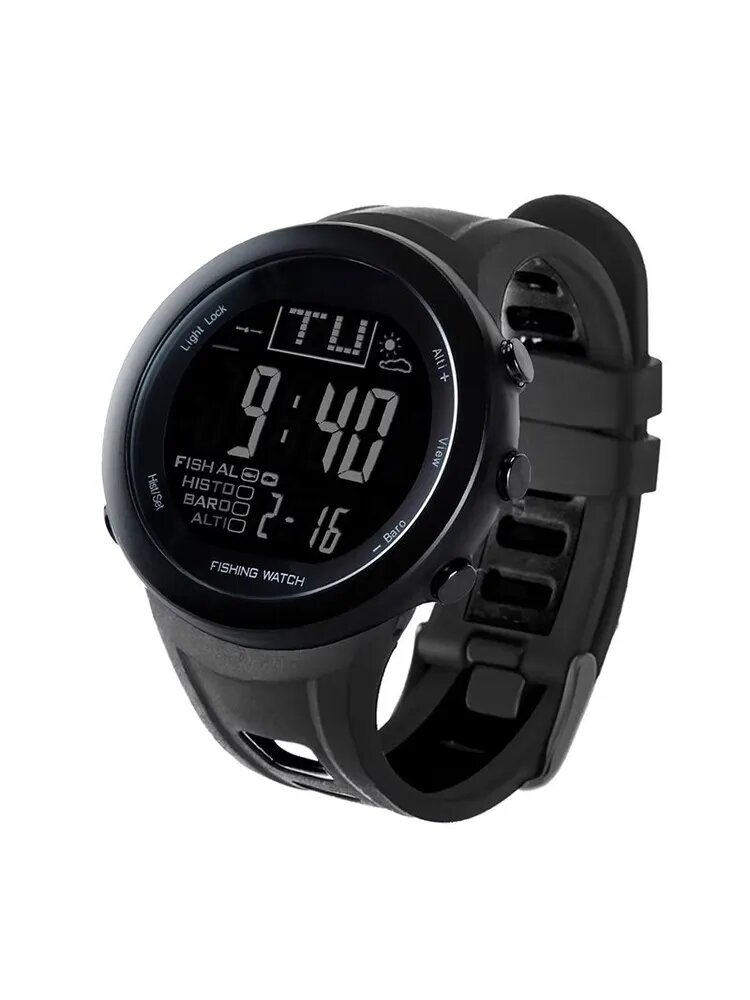 Многофункциональные цифровые часы-барометр для рыбалки, черный корпус и ремешок