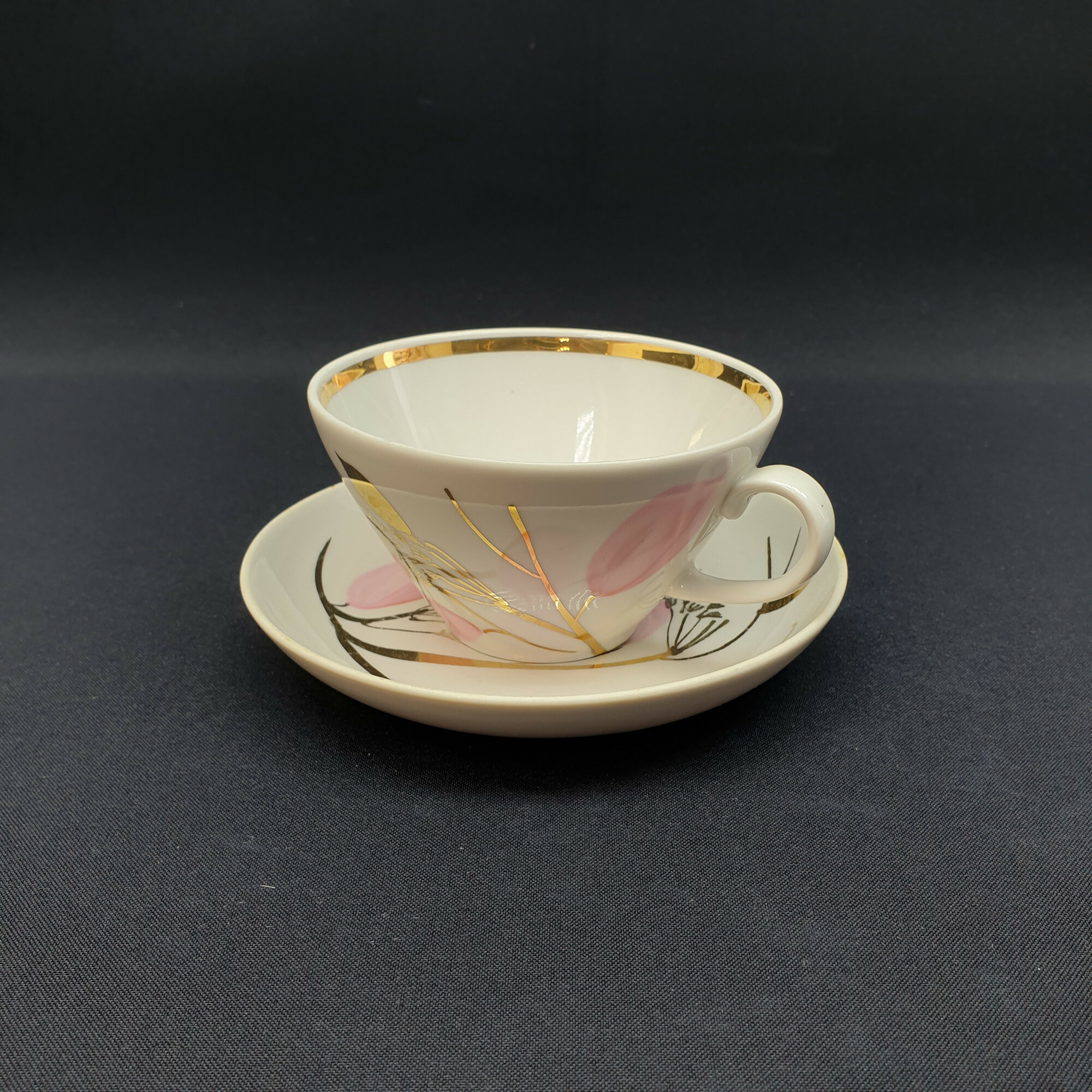 Винтажная чайная пара Дулево, фарфор роспись позолота 200 мл, СССР